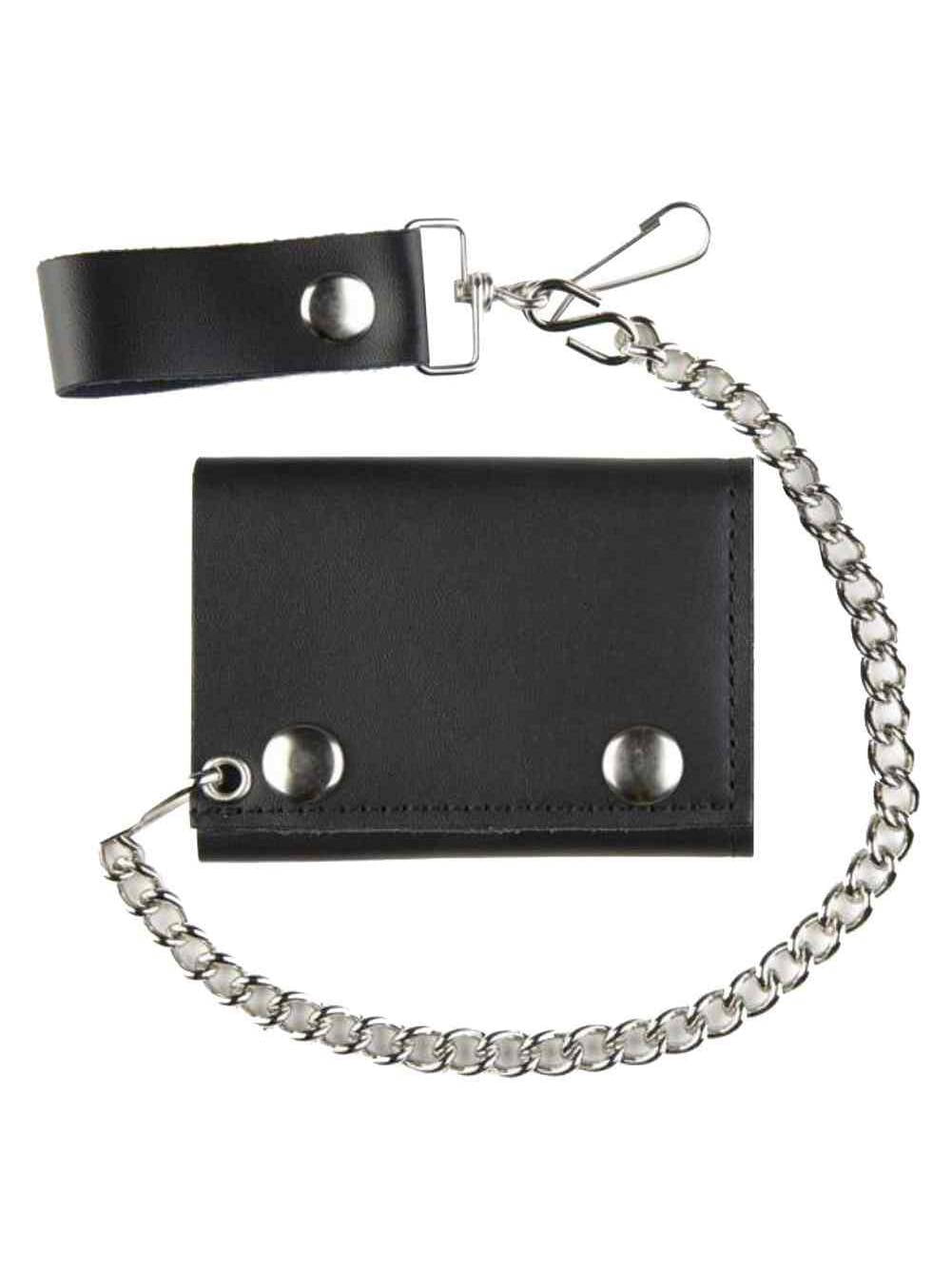 Motorcycle Men's Tri-Fold Biker Chain Wallet, Black Genuine Leather ...