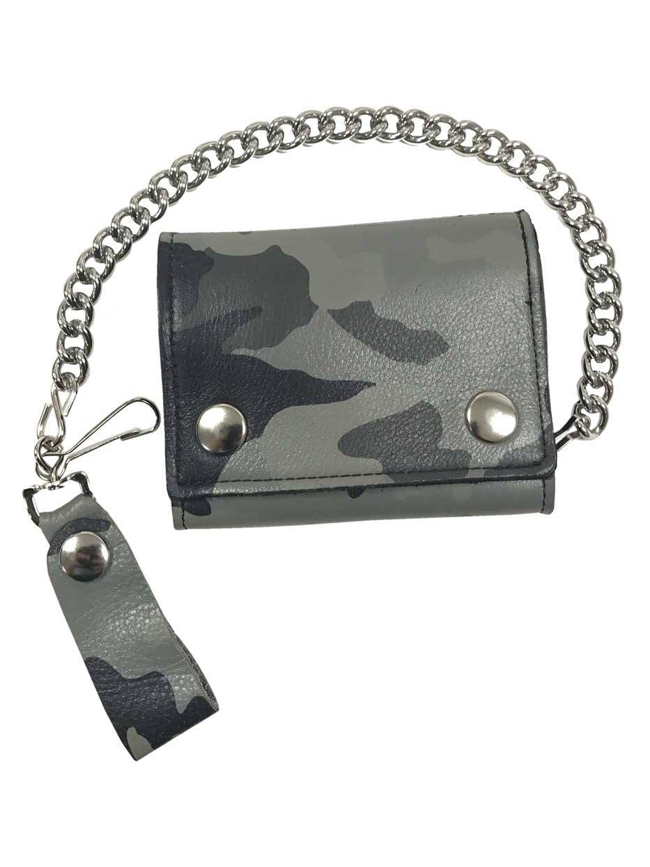 Motorcycle Men's Wallet Genuine Leather Tri-Fold Biker Chain, Gray Camo ...