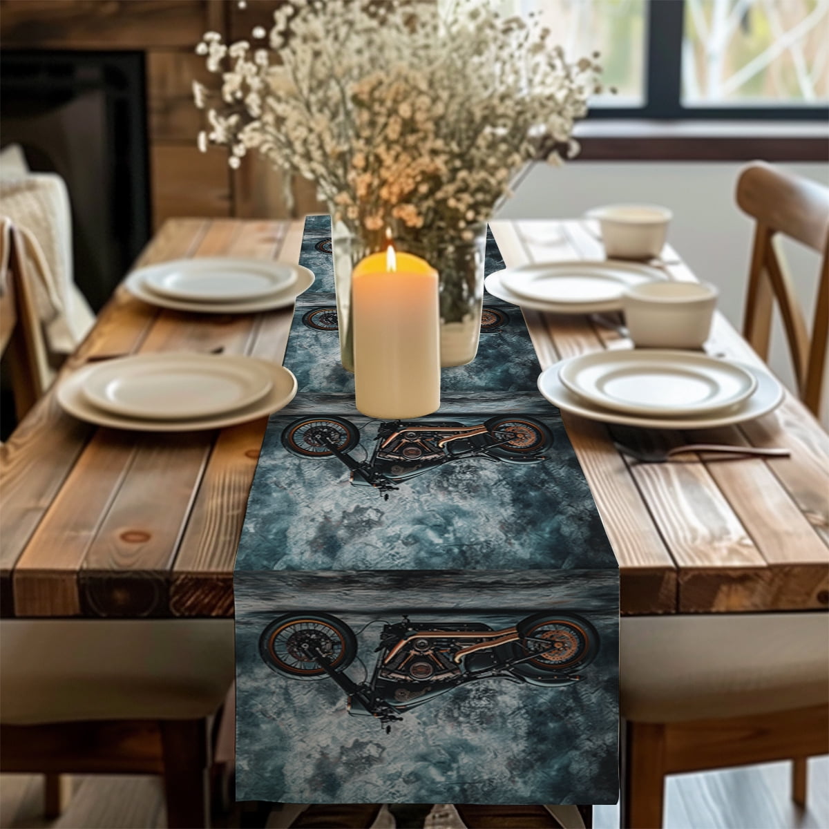 Motorcycle Pattern Wall Table Runner Farmhouse Dining Table Runners ...