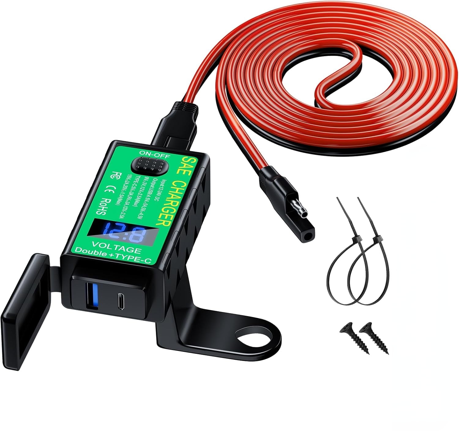 Motorcycle Phone Charger, Total 60W 6.8A Dual USB Type C PD & QC 3.0 ...