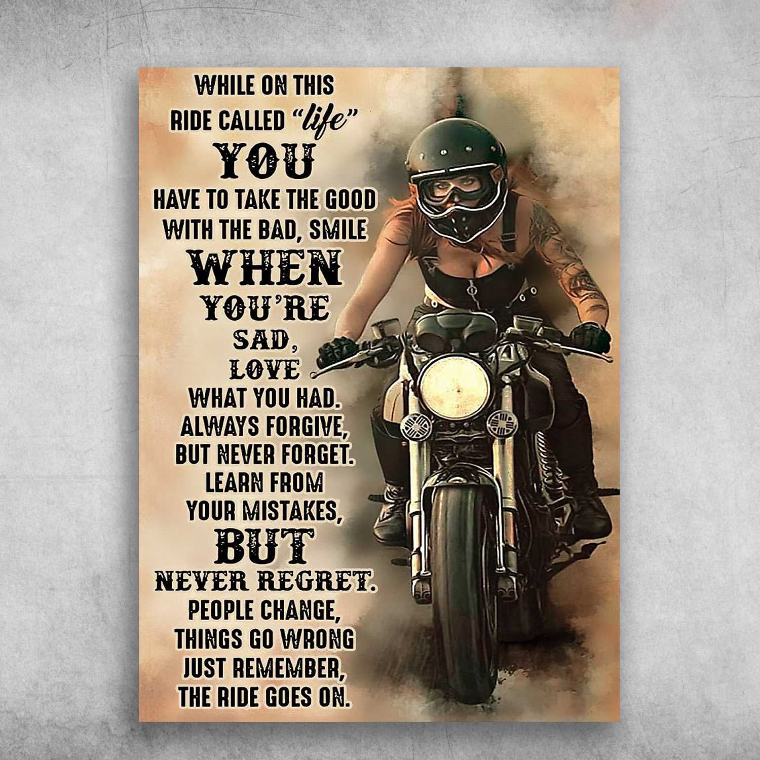 Motorcycle Poster, Lady Girl Cycling, While On This Ride Called Life ...