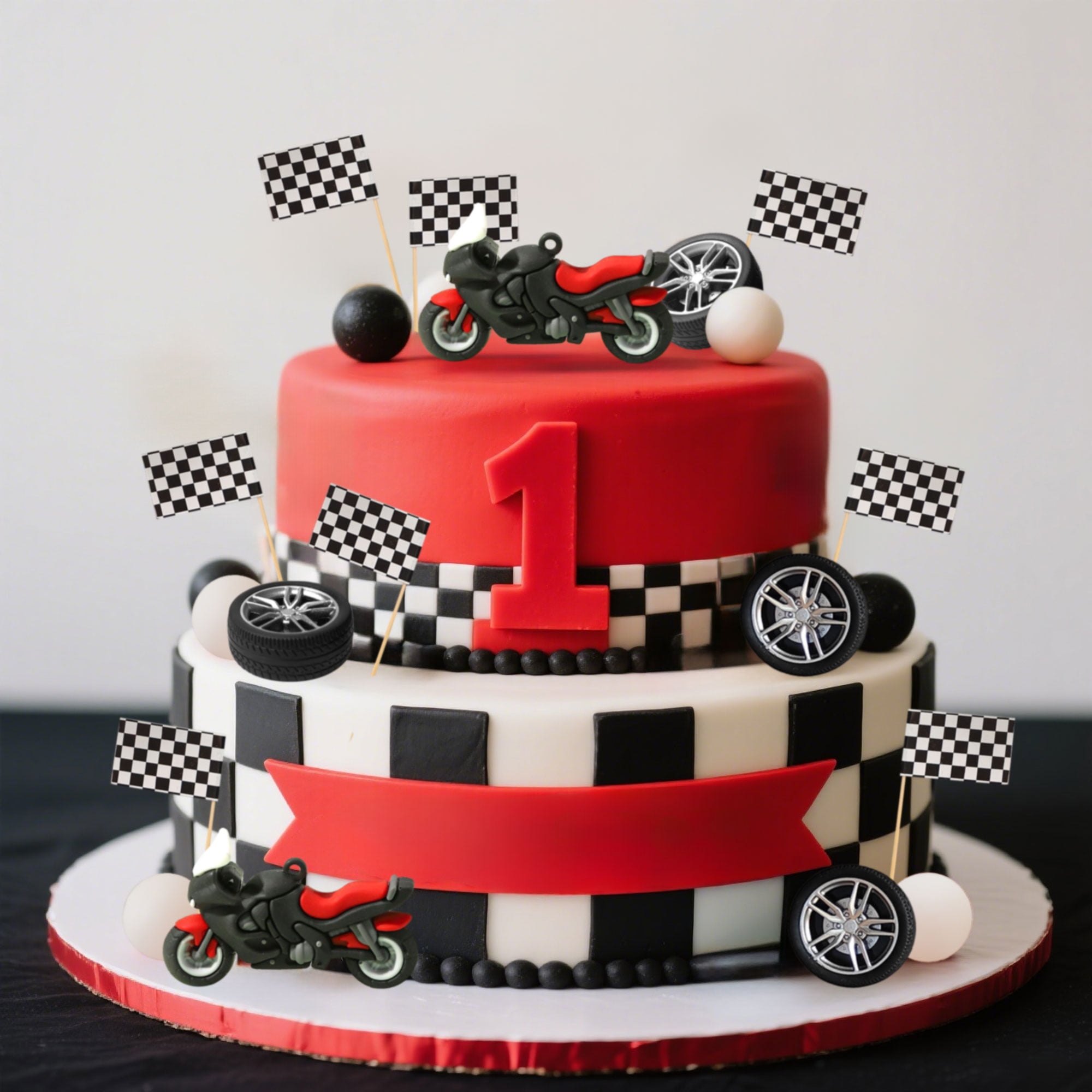 Motorcycle Race Cake Decor Set - 3D Soft Rubber Motorbike & Checkered ...