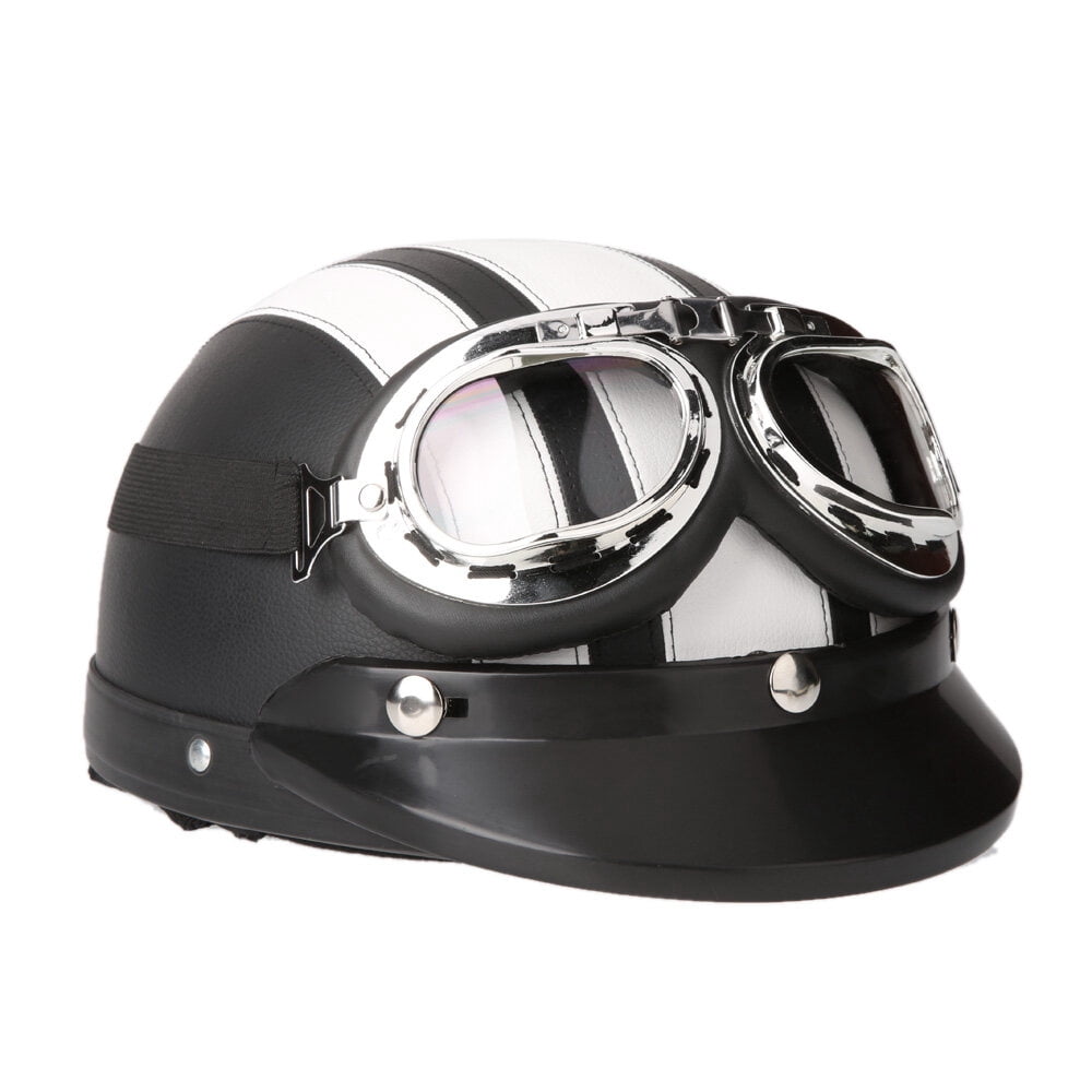 Motorcycle Scooter Open Face Half Leather Helmet with Visor UV Goggles ...