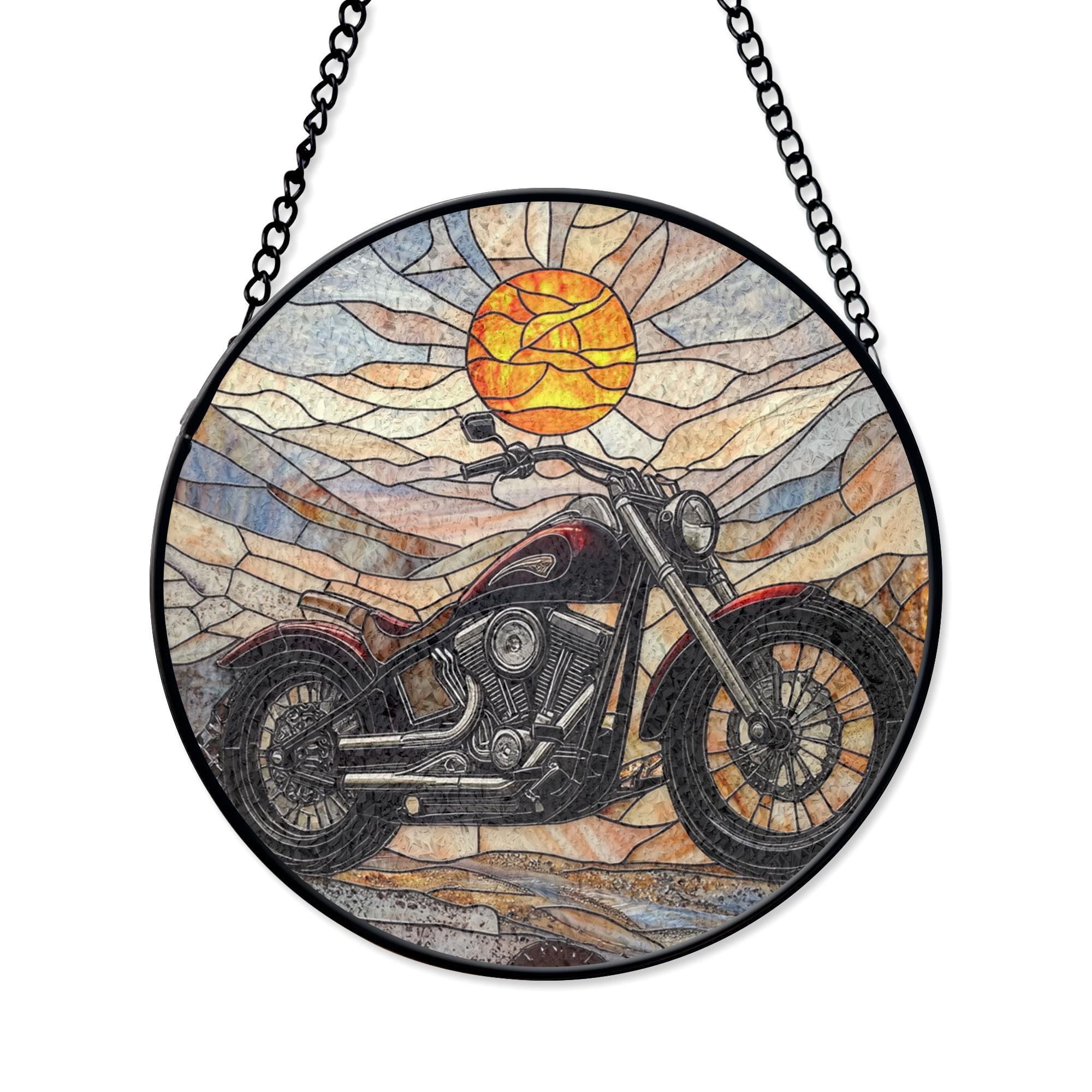 Motorcycle Stained Glass Suncatcher, Sunset Road Window Decor, Biker ...