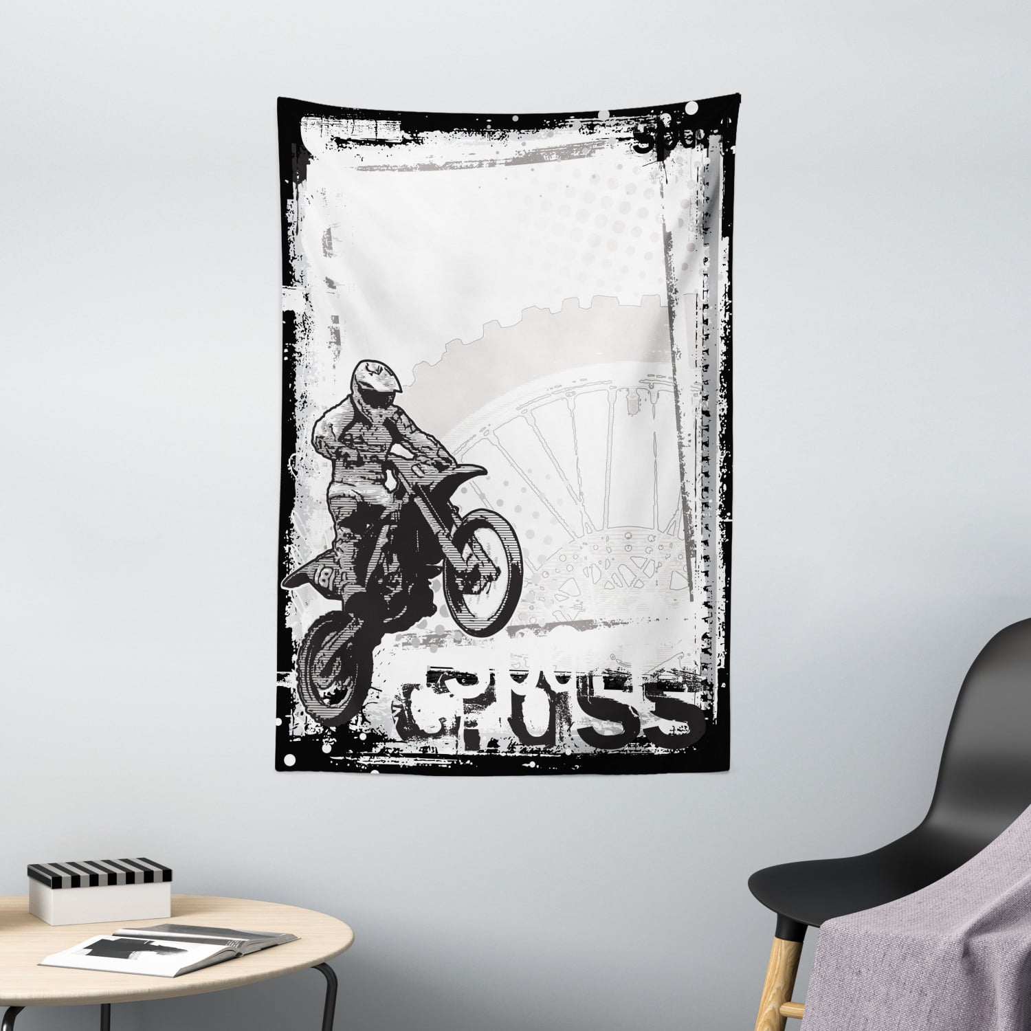 Motorcycle Tapestry, Motocross Racer Image Grungy Background Poster ...