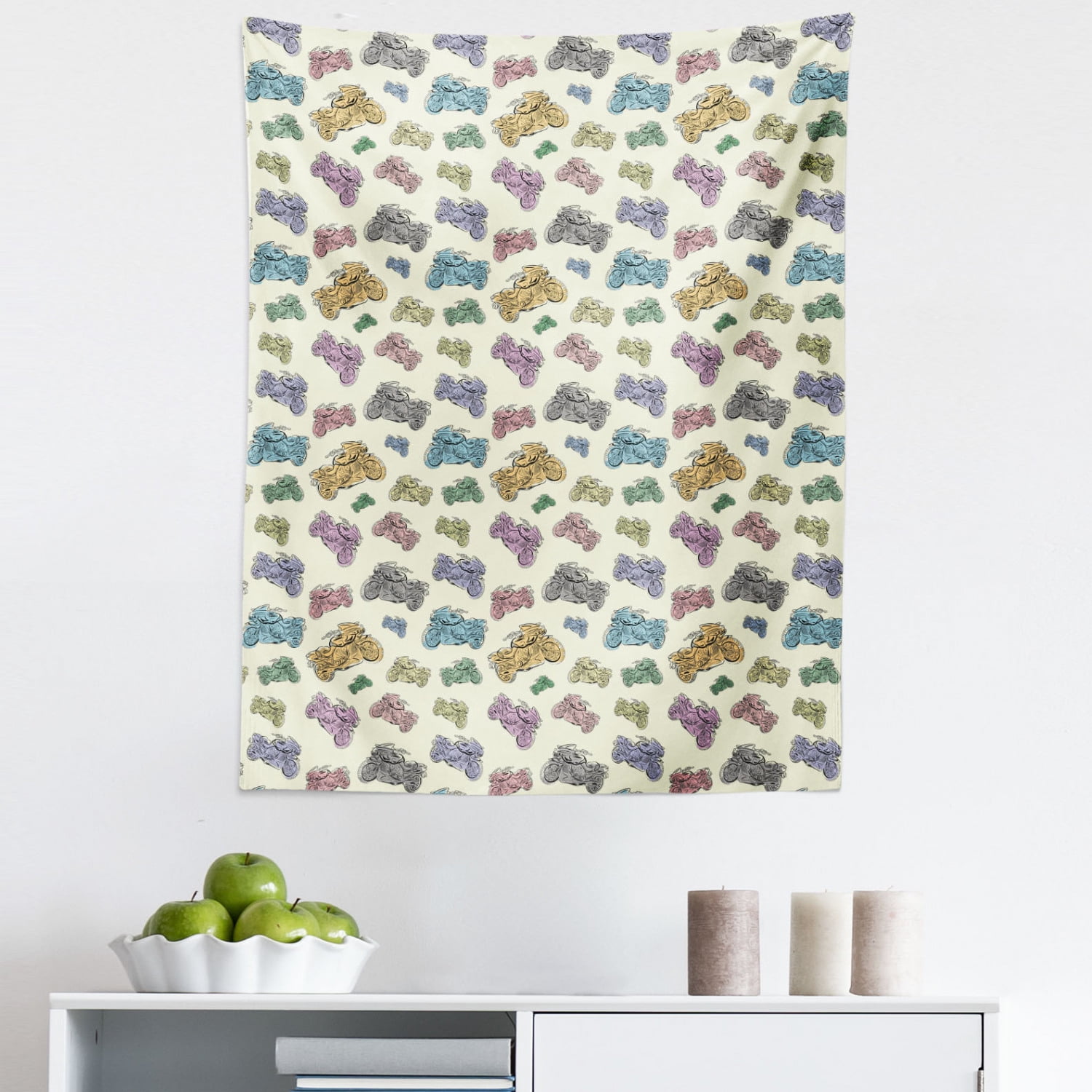 Motorcycle Tapestry, Pastel Color Racing Motorcycle Sketching Display ...