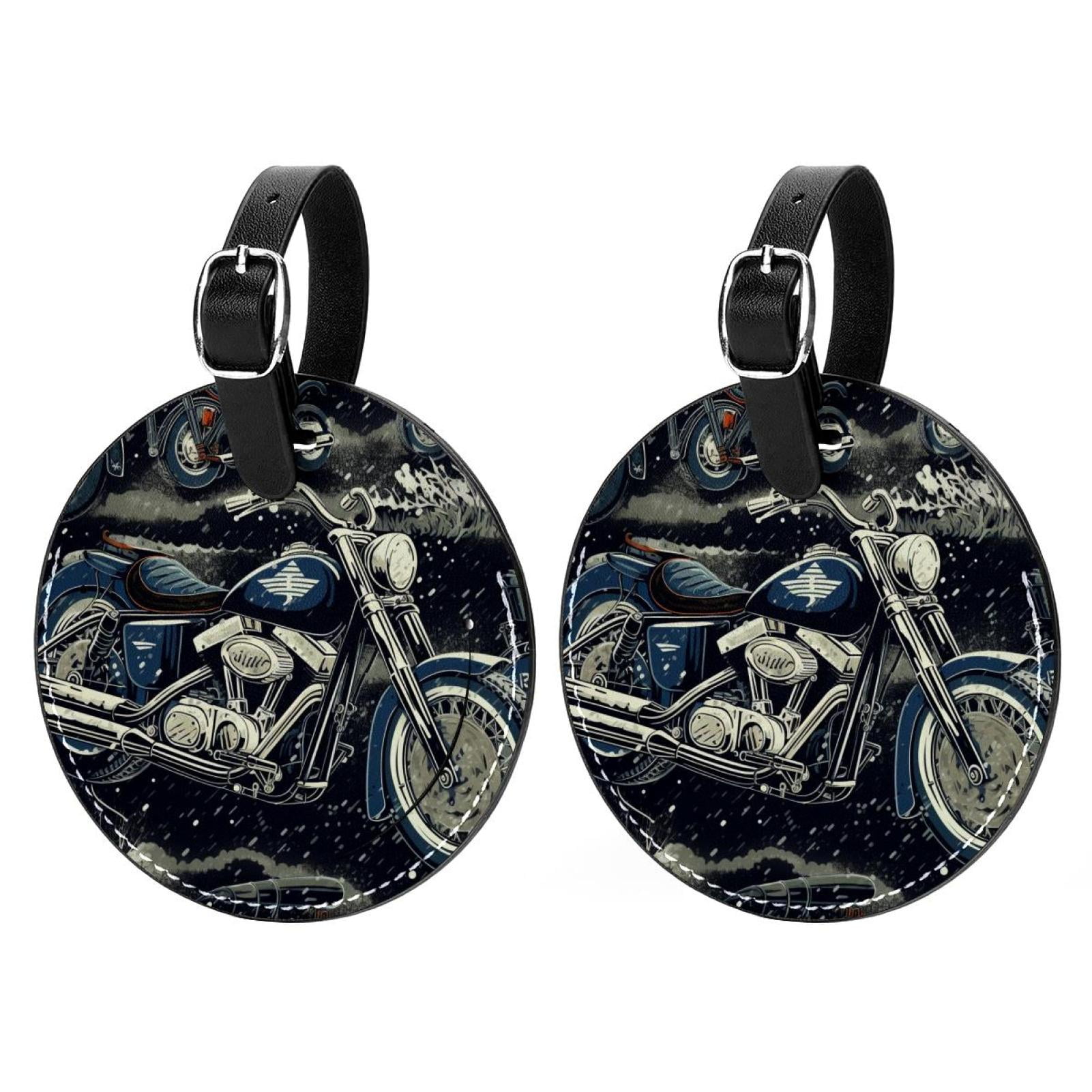 Motorcycle Theme 2Pcs PU Leather Round Luggage Tags with Privacy Cover ...