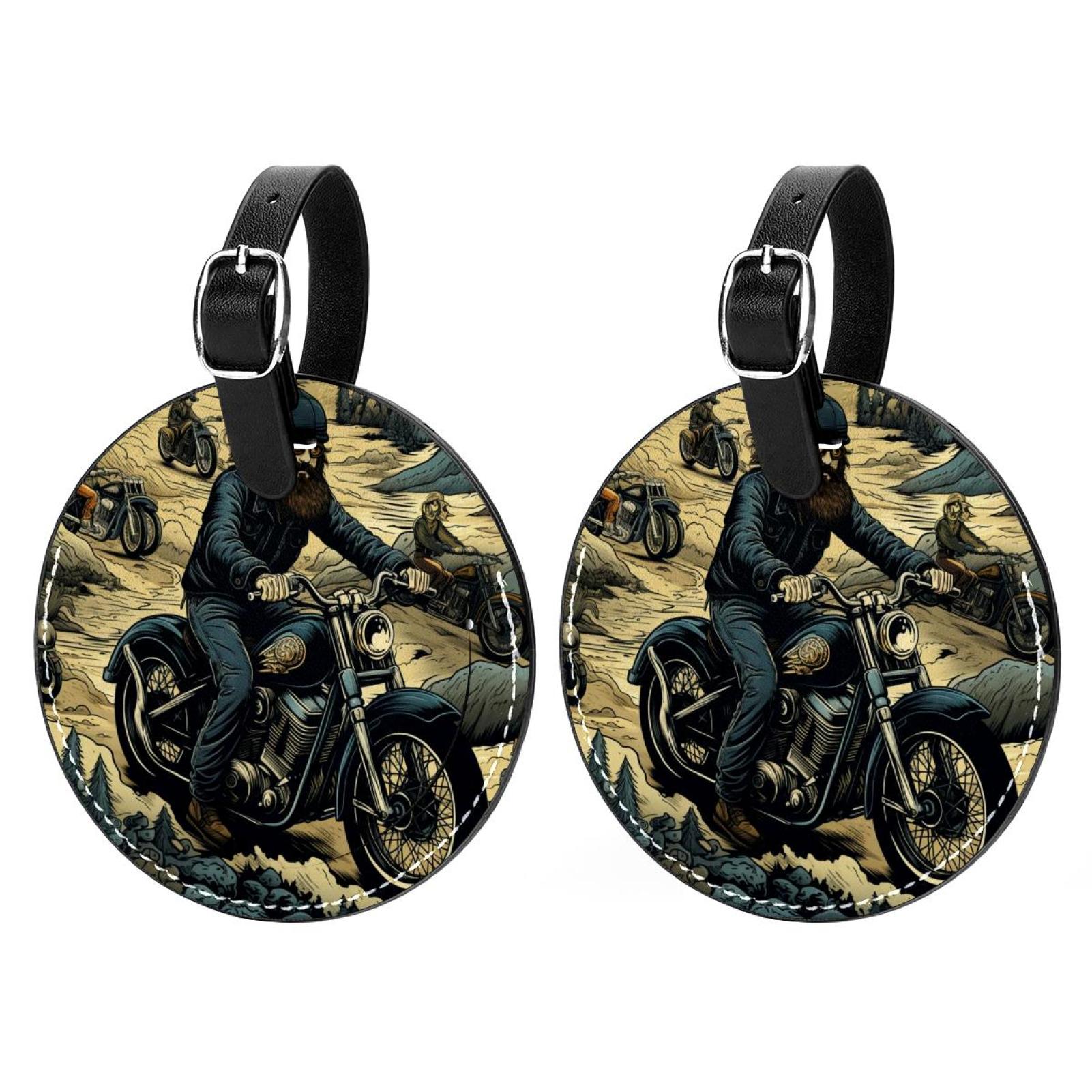 Motorcycle Theme 2Pcs PU Leather Round Luggage Tags with Privacy Cover ...