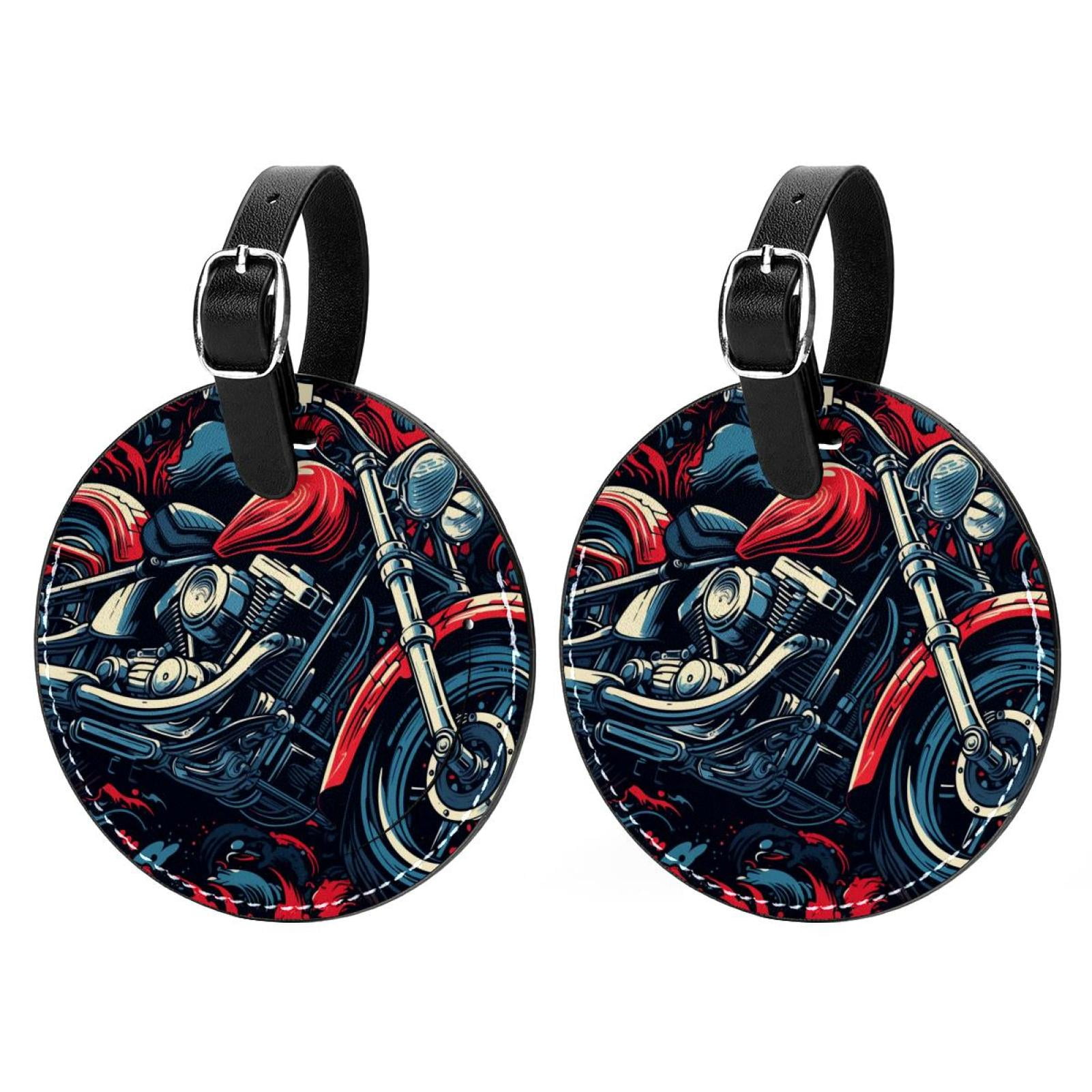 Motorcycle Theme 2Pcs PU Leather Round Luggage Tags with Privacy Cover ...