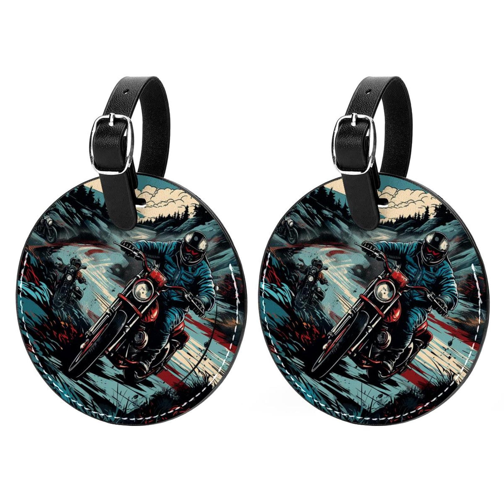 Motorcycle Theme 2Pcs PU Leather Round Luggage Tags with Privacy Cover ...