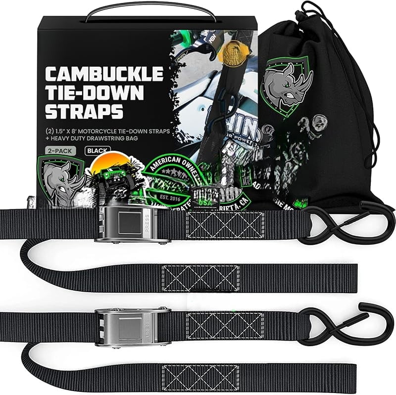 Motorcycle Tie Down Straps (2 Pack) Lab Inspected 3,328lb Break Strength, Steel Cambuckle ...