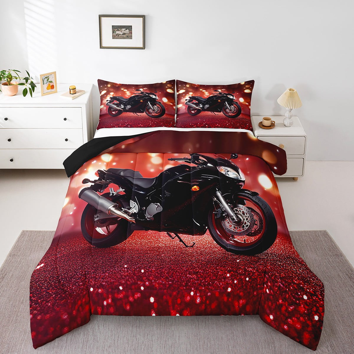 Motorcycle Toddler Bedding Set,Vehicles Riding Lightweight Bed Set For ...