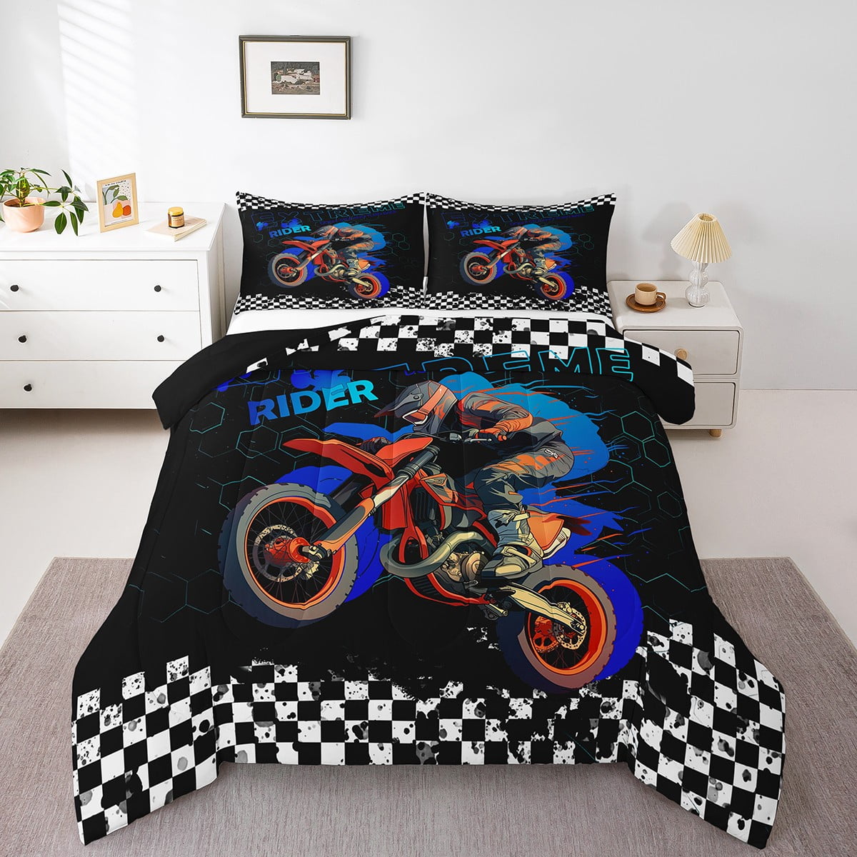Motorcycle Twin Comforter Set,Dirt Bike Motocross Bedding Set Men Room ...