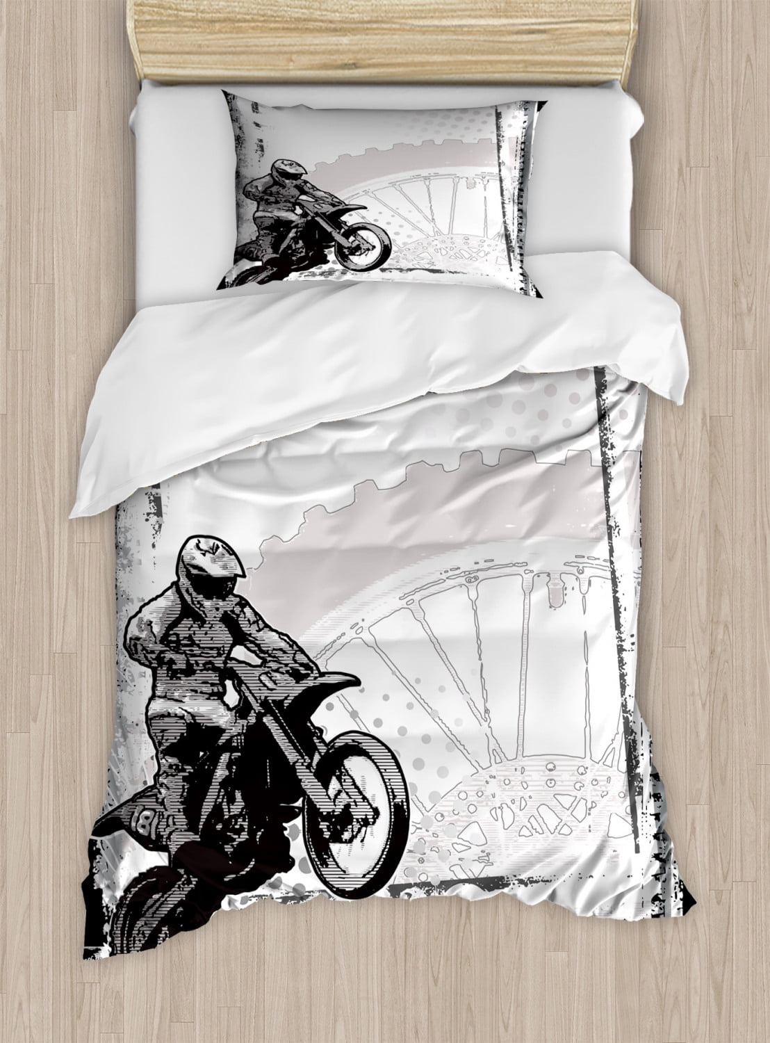 Motorcycle Twin Size Duvet Cover Set, Motocross Racer Image Grungy ...