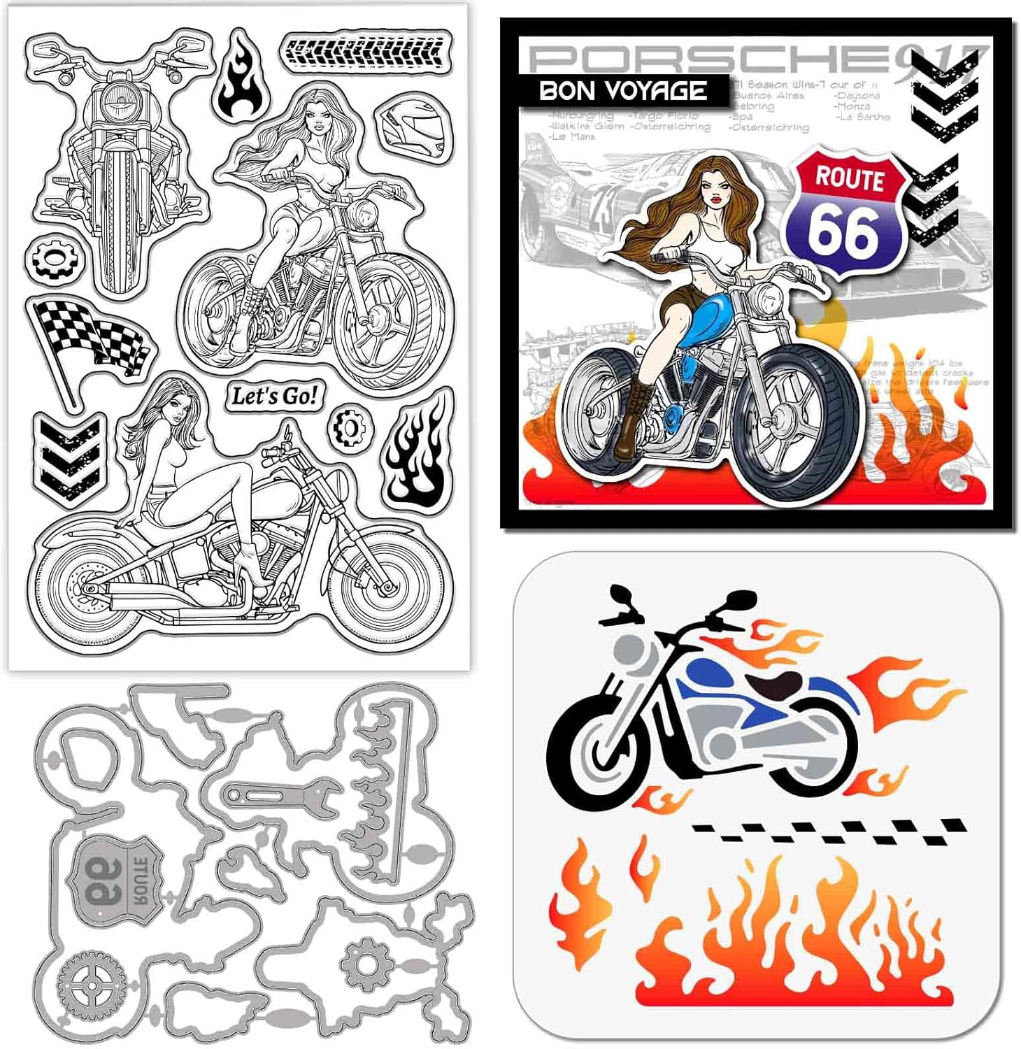 Motorcycle Woman Clear Silicone Stamp Metal Helmet Checkered Flag ...