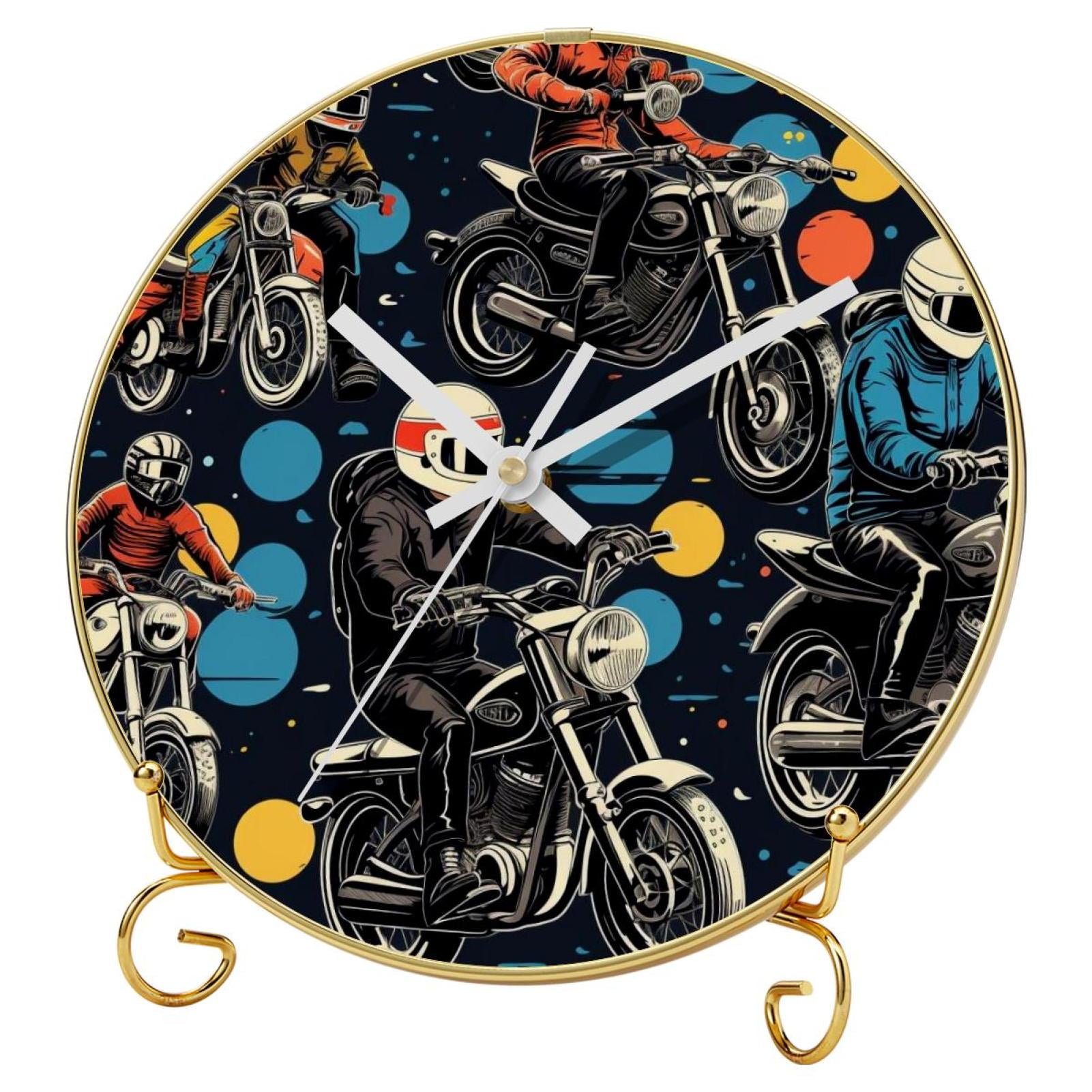 Motorcycle theme Round Printed Wall Clocks with Hooks and Gold Stand ...