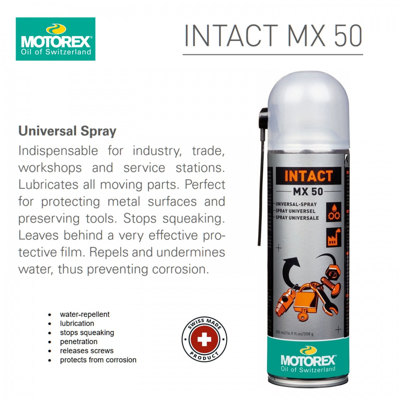 Motorex Intact MX 50 Lubricating Spray 500ml - Made in Switzerland ...