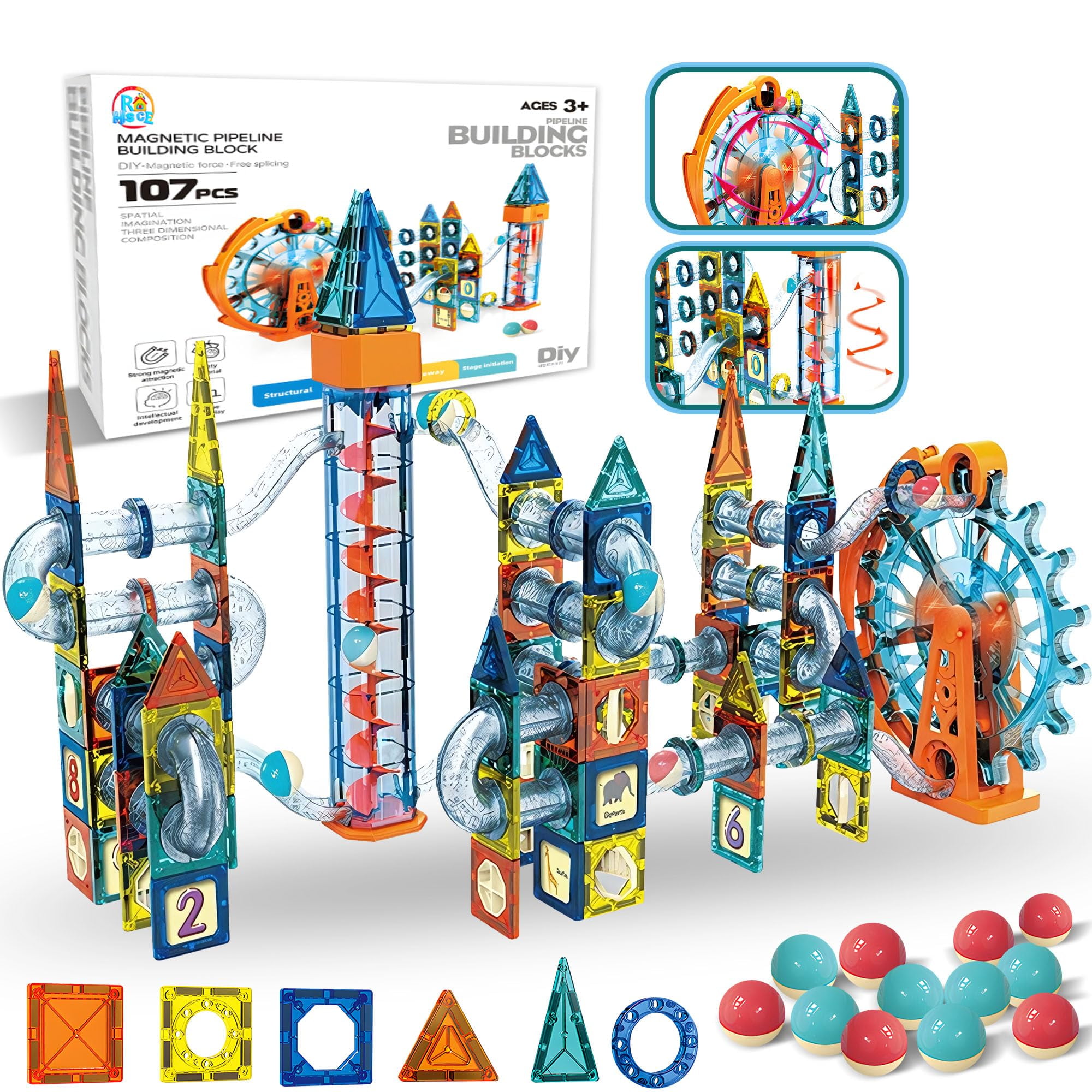 Motorized Marble Run Set, 107-Piece Magnetic Tile Building Toy with Ferris Wheel & Elevator ...