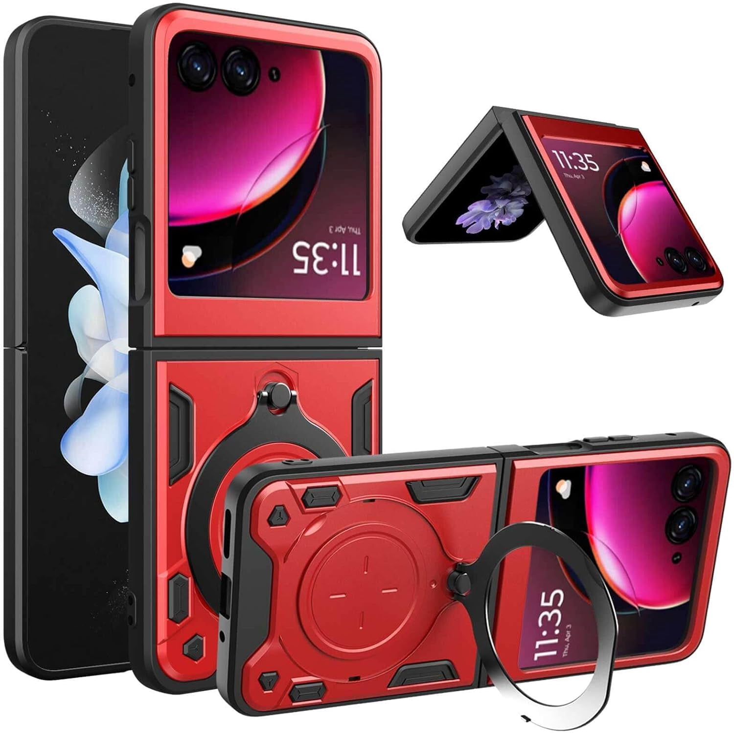 Motorola razr+ 2023 Case, Red Metal Stand Ring Holder, Slim Bumper Full ...