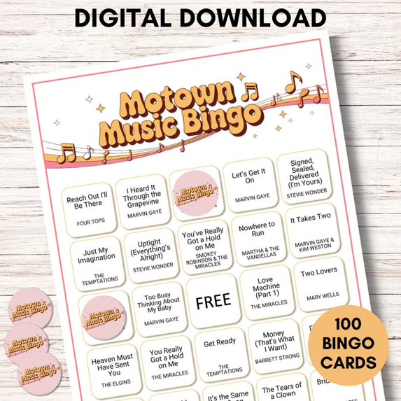 Motown Music Bingo — Game with 100 Cards, Great for Schools & Black ...