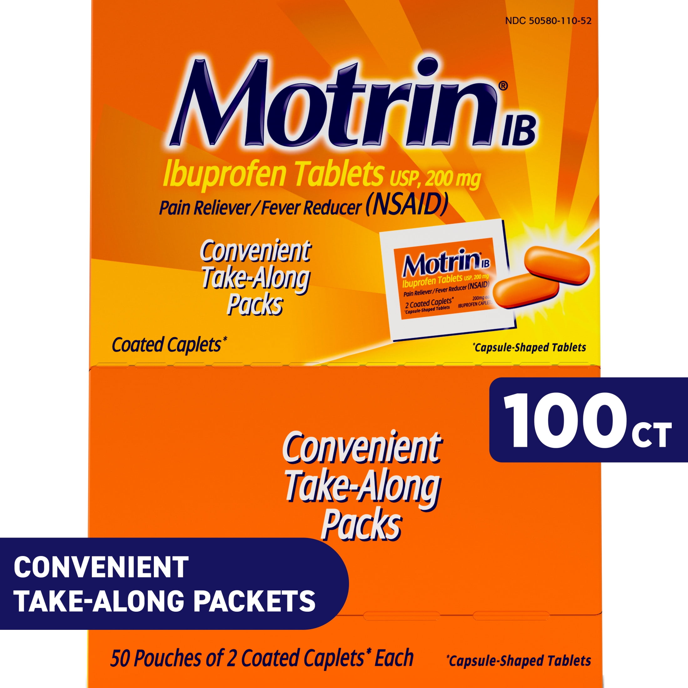 Motrin IB Ibuprofen 200mg Tablets for Pain & Fever, 50 packs of 2Ct ...