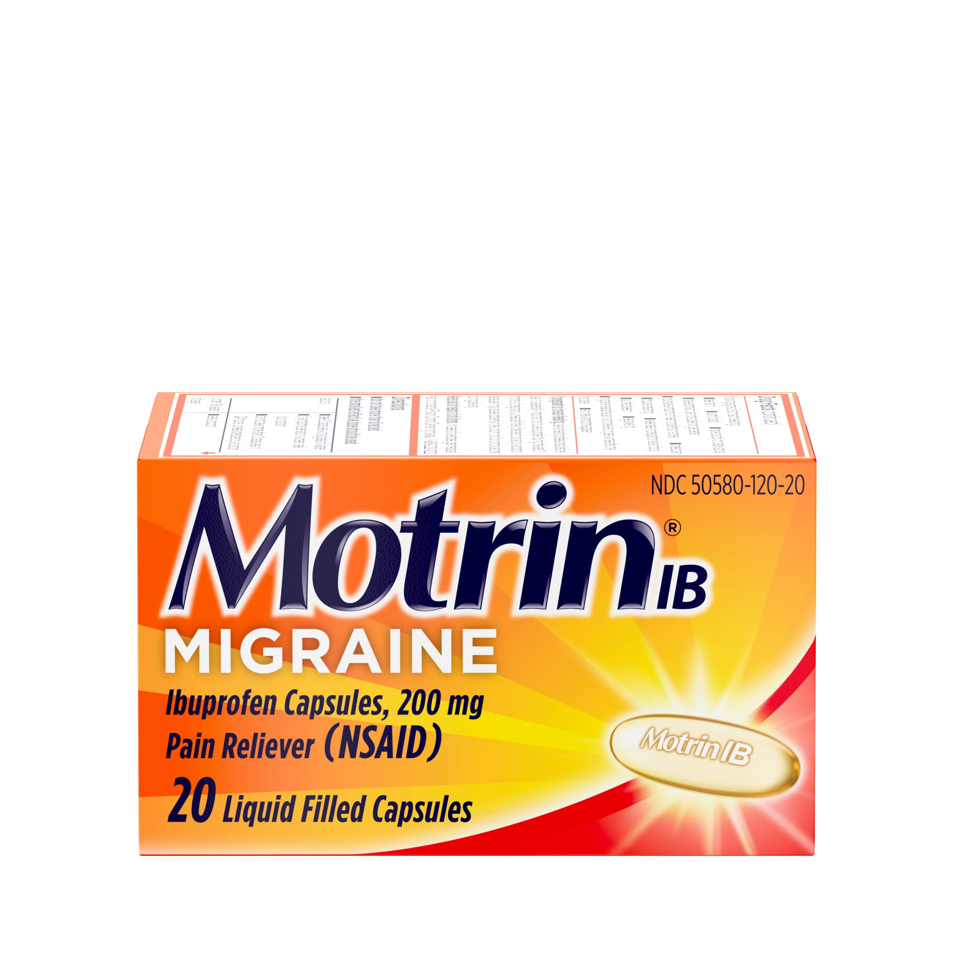 Motrin IB Migraine Relief Liquid Gel Caps, Ibuprofen 200 mg, 20 Ct HSA ...