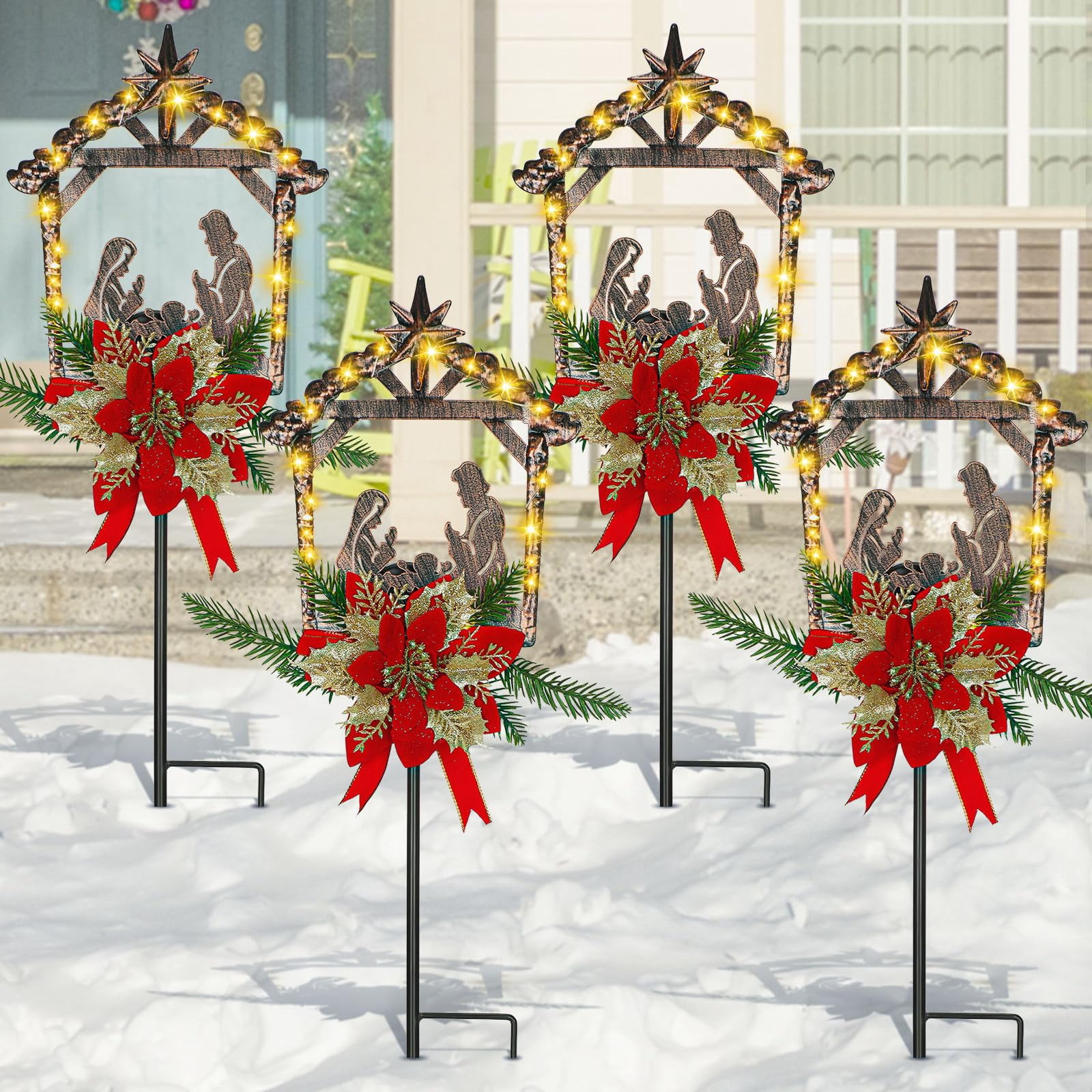 Moukeren 4 Pcs Christmas Nativity Scene Yard Lights Metal Nativity ...