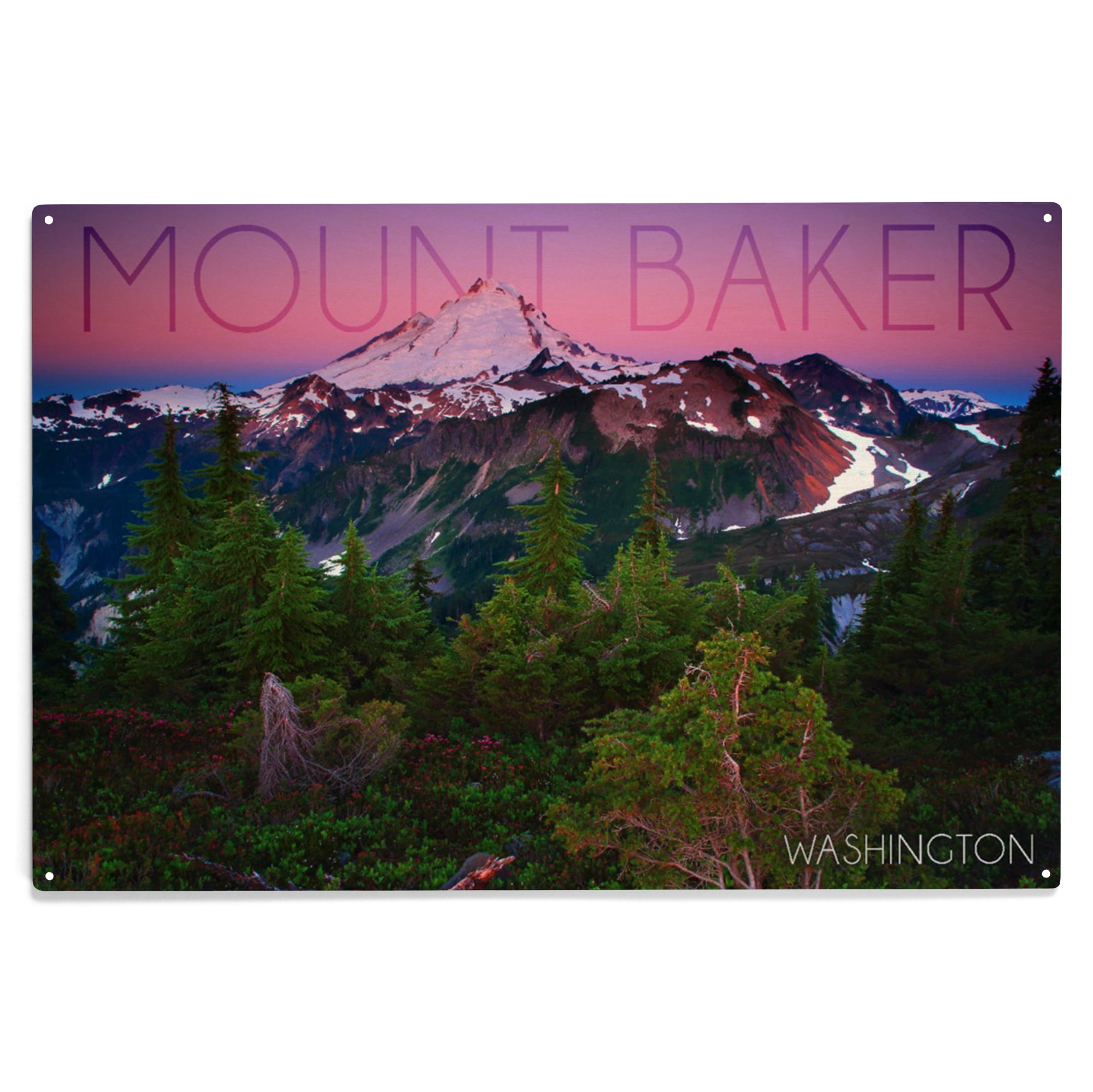 Mount Baker, Washington, Pink and Purple Sunset Birch Wood Wall Sign (10x15 Rustic Home Decor ...