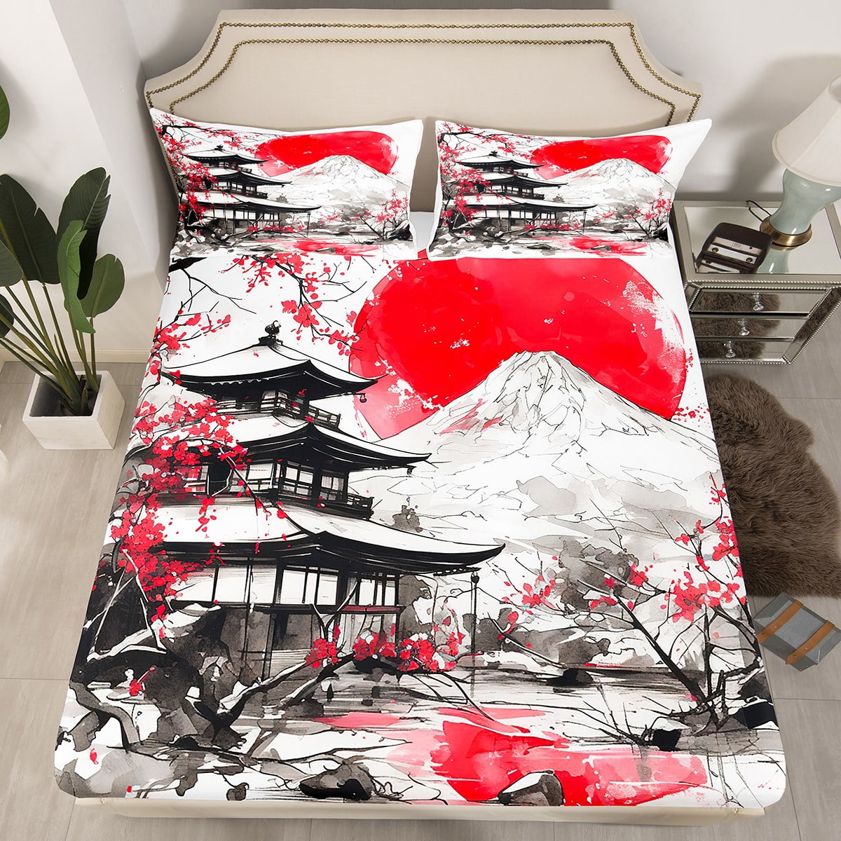 Mount Fuji Bedding Set Japanese Style Red Sun Bed Sheets Ukiyo-E Theme ...