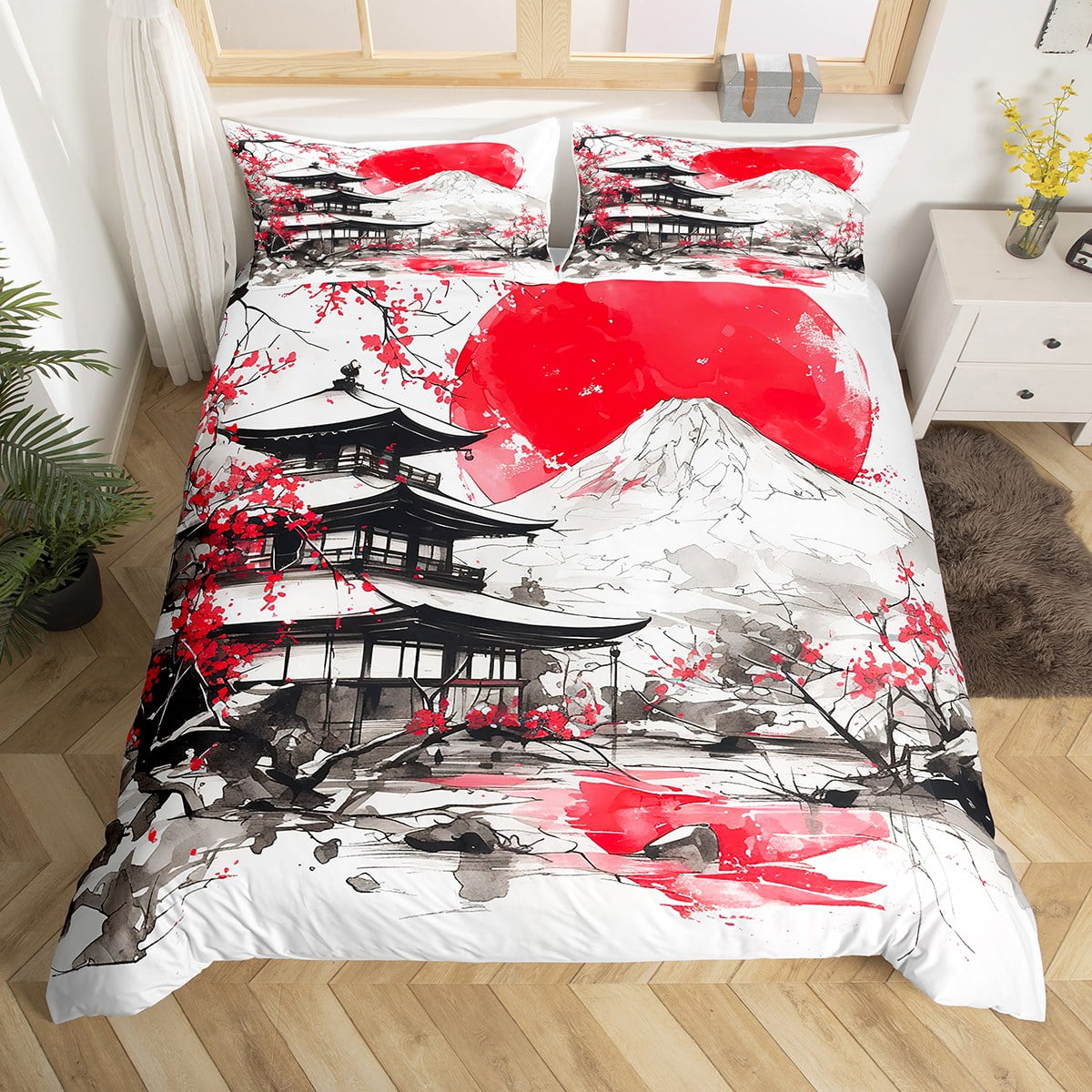 Mount Fuji Bedding Set Japanese Style Red Sun Duvet Cover Ukiyo-E Theme ...