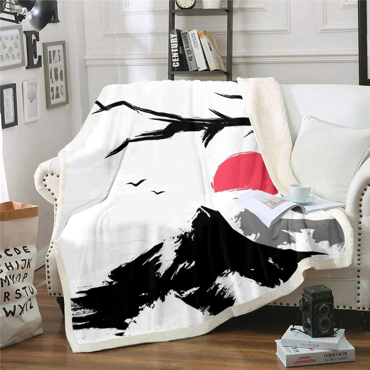 Mount Fuji Blanket Throw, Mountain Cherry Branches Red Sun Ink Painting ...