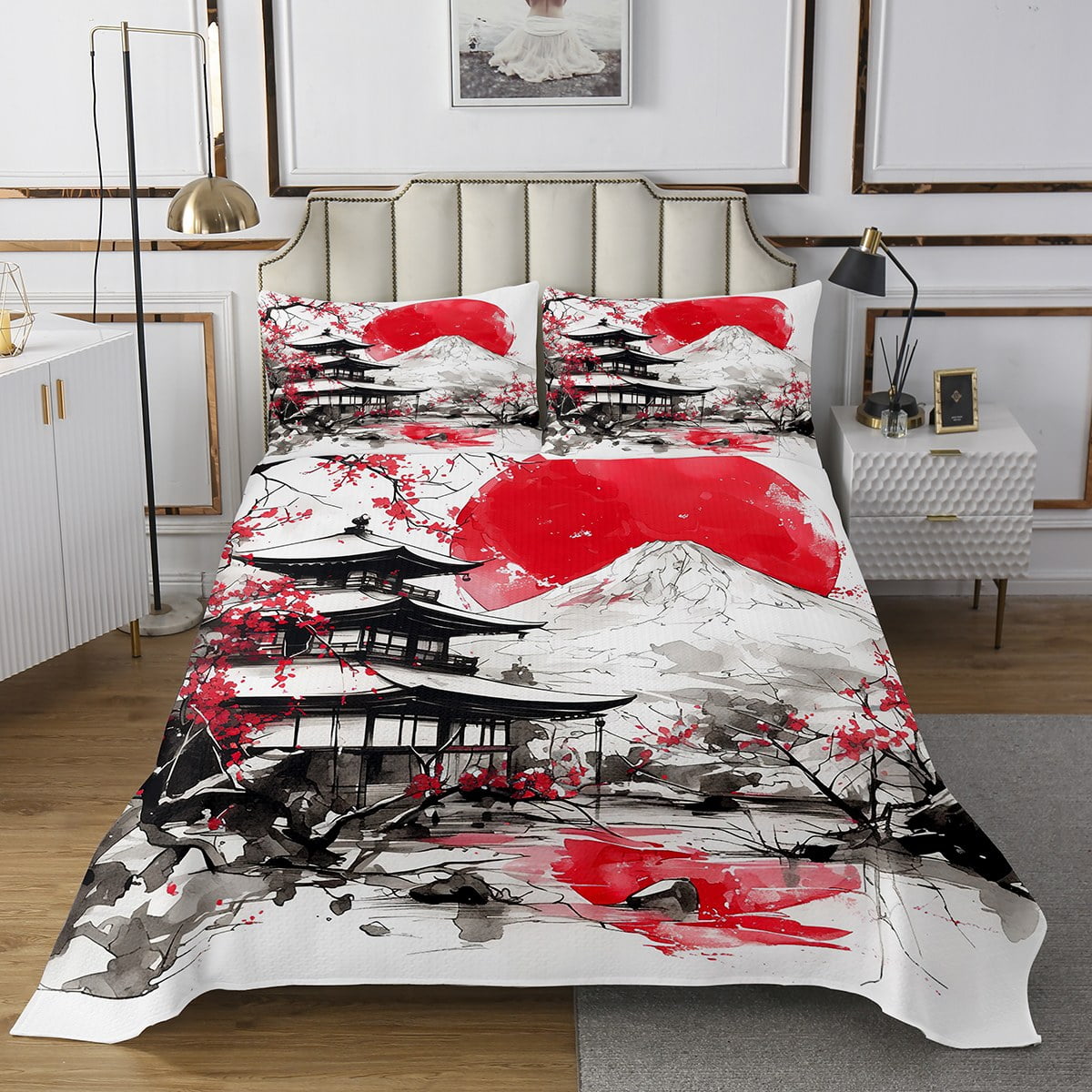Mount Fuji Coverlet Set Japanese Style Red Sun Bedspread Set Ukiyo-E ...