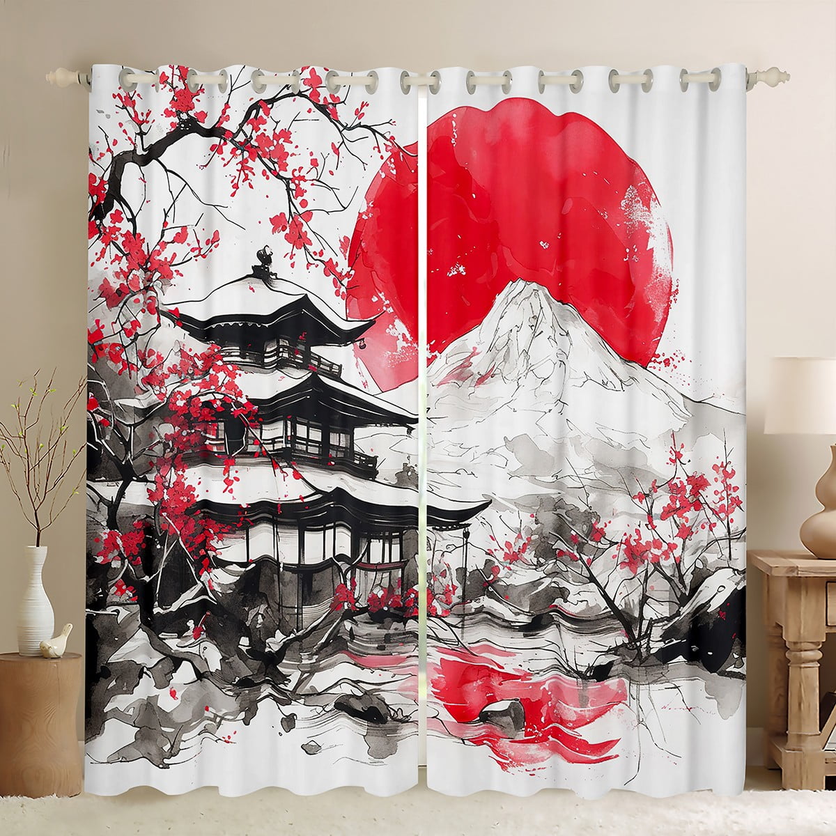 Mount Fuji Curtains & Drapes Japanese Style Red Sun Curtains Ukiyo-E ...