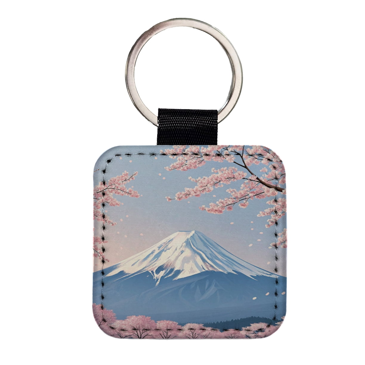 Mount Fuji Japan Cherry Blossom Trees Faux Leather Square Keychain ...