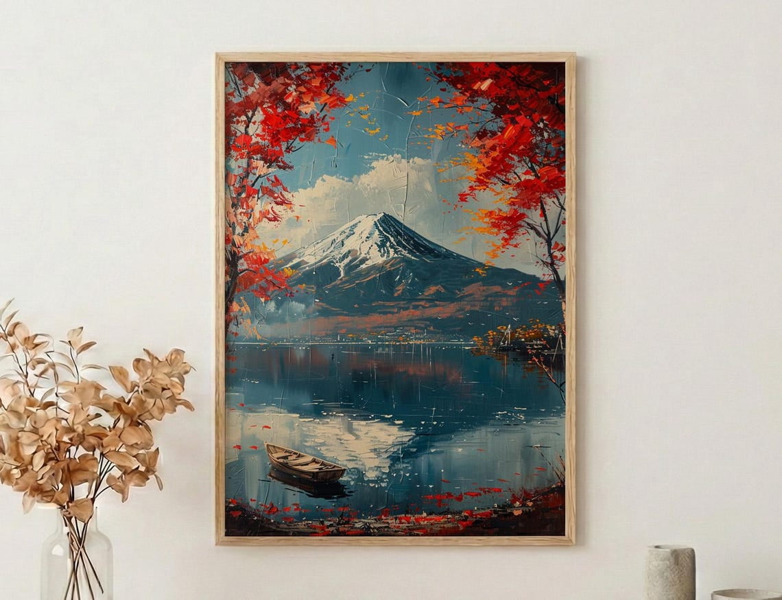 Mount Fuji Japan Landscape Red Maple Impasto Lake Reflection Zen Travel ...
