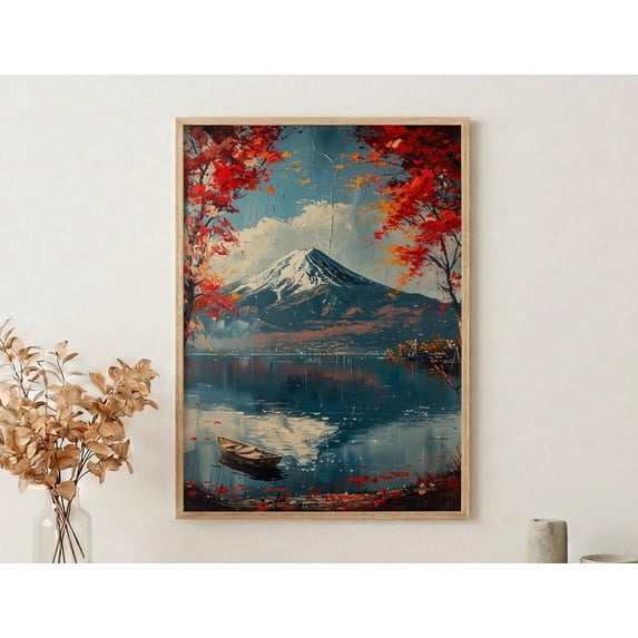 Mount Fuji Japan Landscape Red Maple Impasto Lake Reflection Zen Travel ...