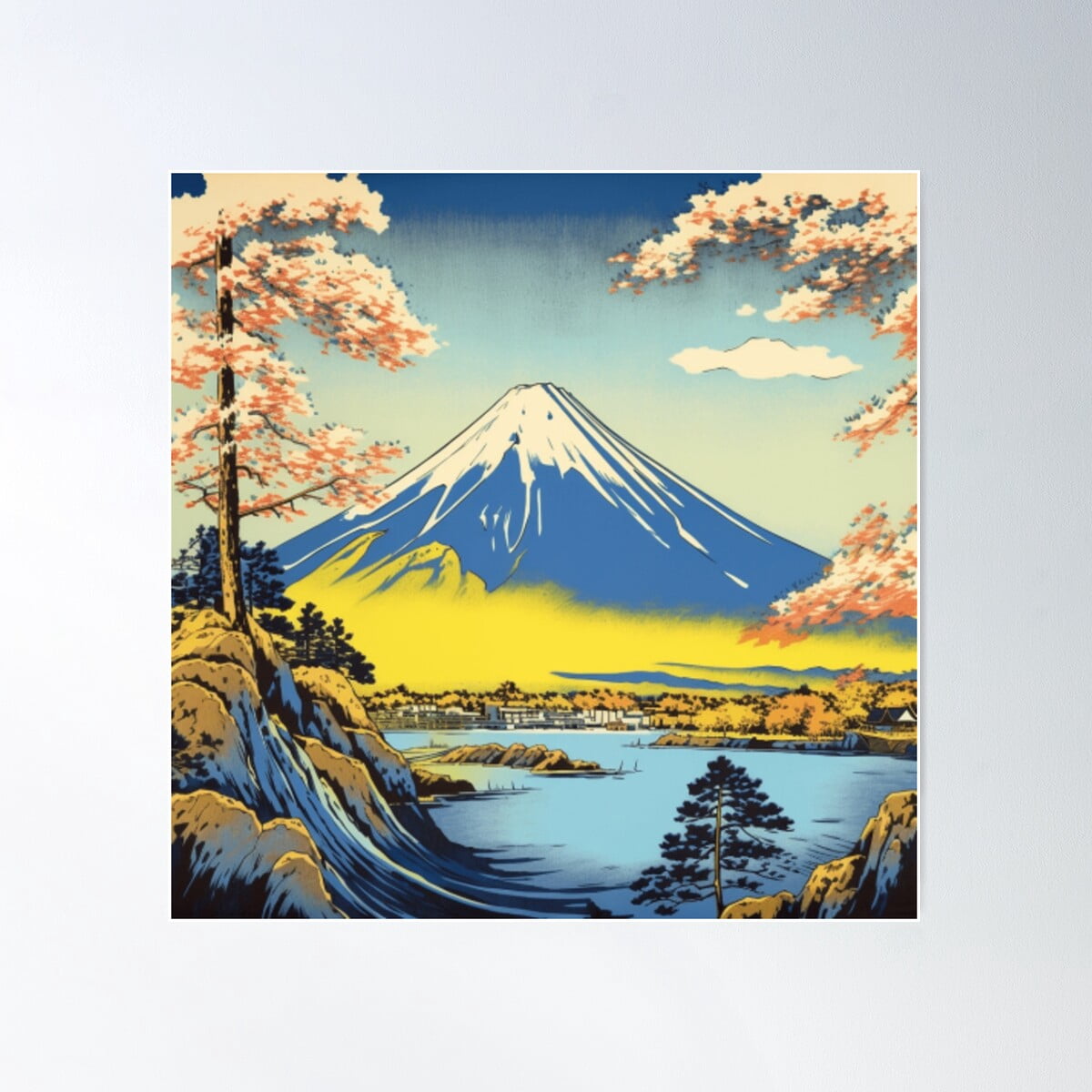 Mount Fuji, Lake And Cherry Blossoms - Japanese Ukiyo-E Landscape ...