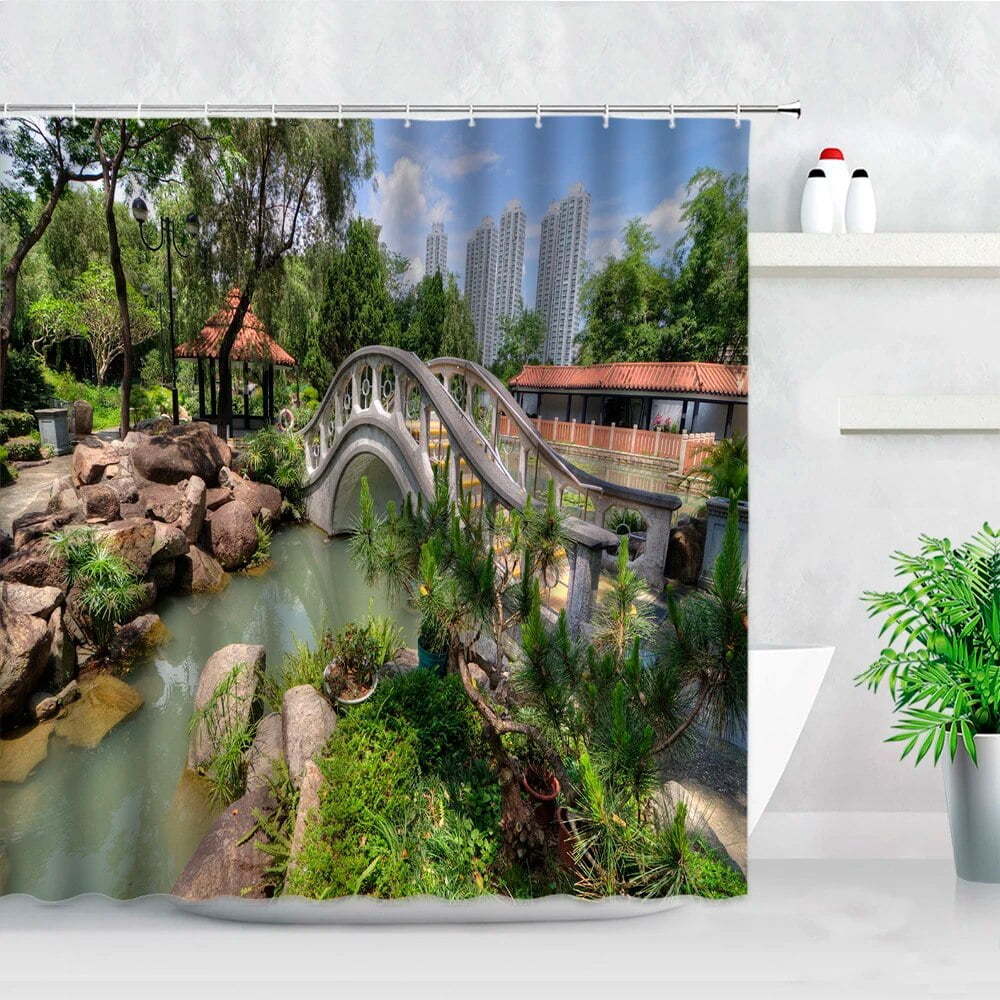 Mount Fuji Retro Building Shower Curtains Red Flowers Trees Tower ...