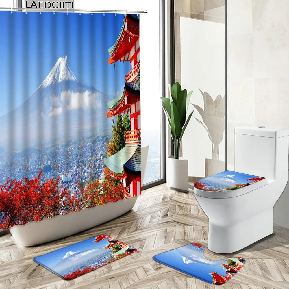 Mount Fuji Scenery Shower Curtain Plant Flower Natural Landscape ...