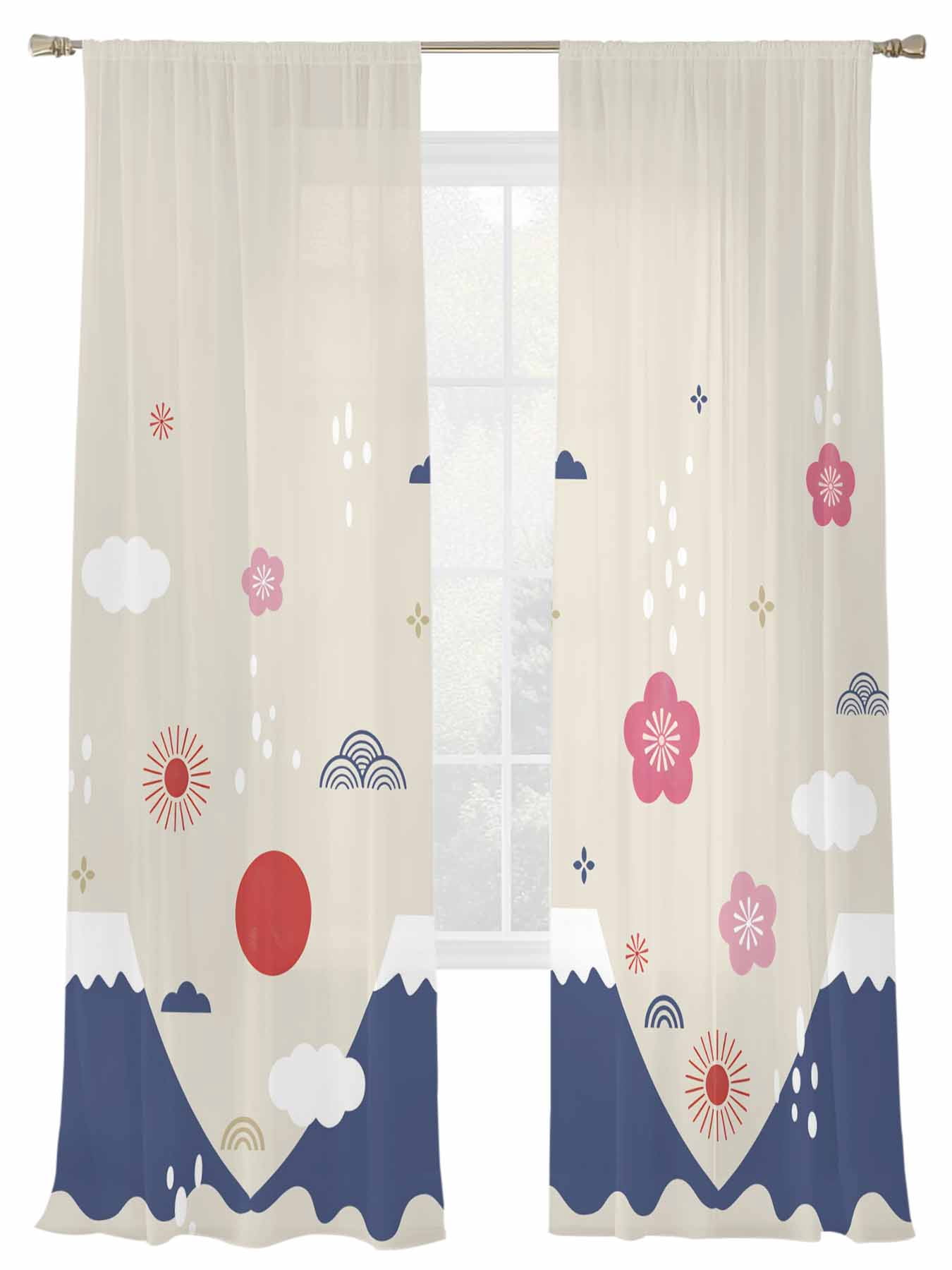 Mount Fuji Sheer Curtains 2 Panels Set Sun Harmony Pink Cherry Blossom ...