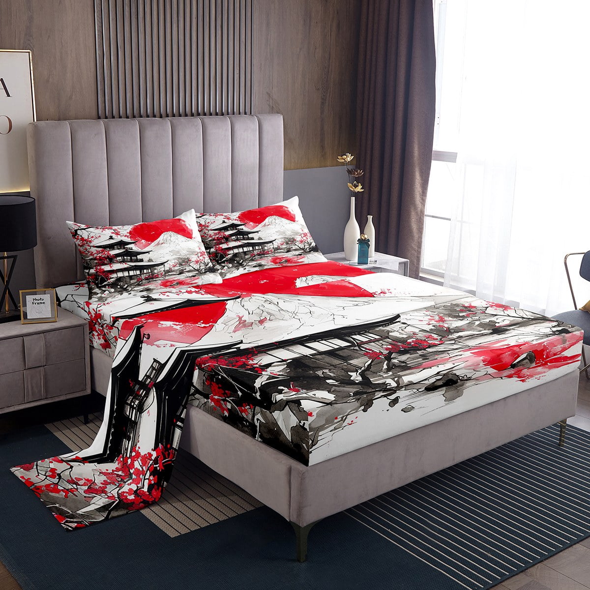 Mount Fuji Sheets Japanese Style Red Sun Bed Sheets Set Ukiyo-E Theme ...