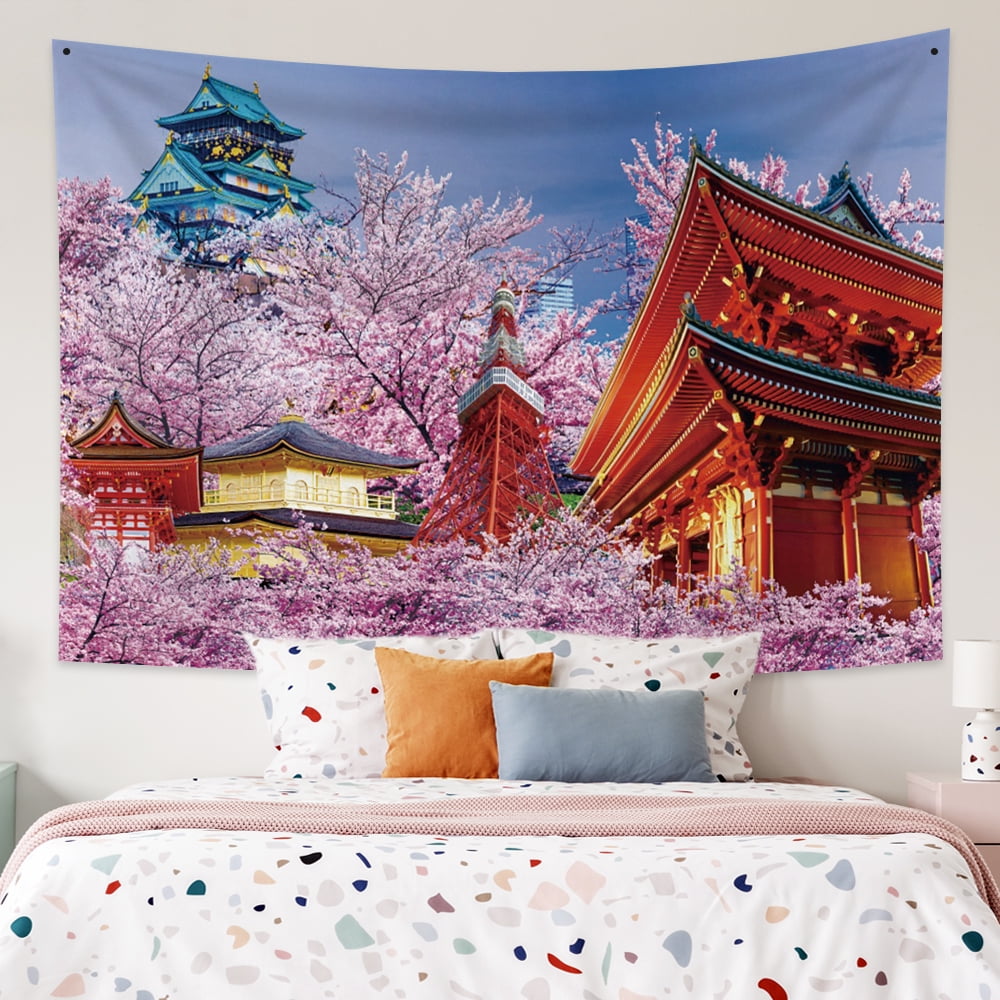 Mount Fuji Tapestry Ancient Temple Print Home ration Japanese Cherry ...