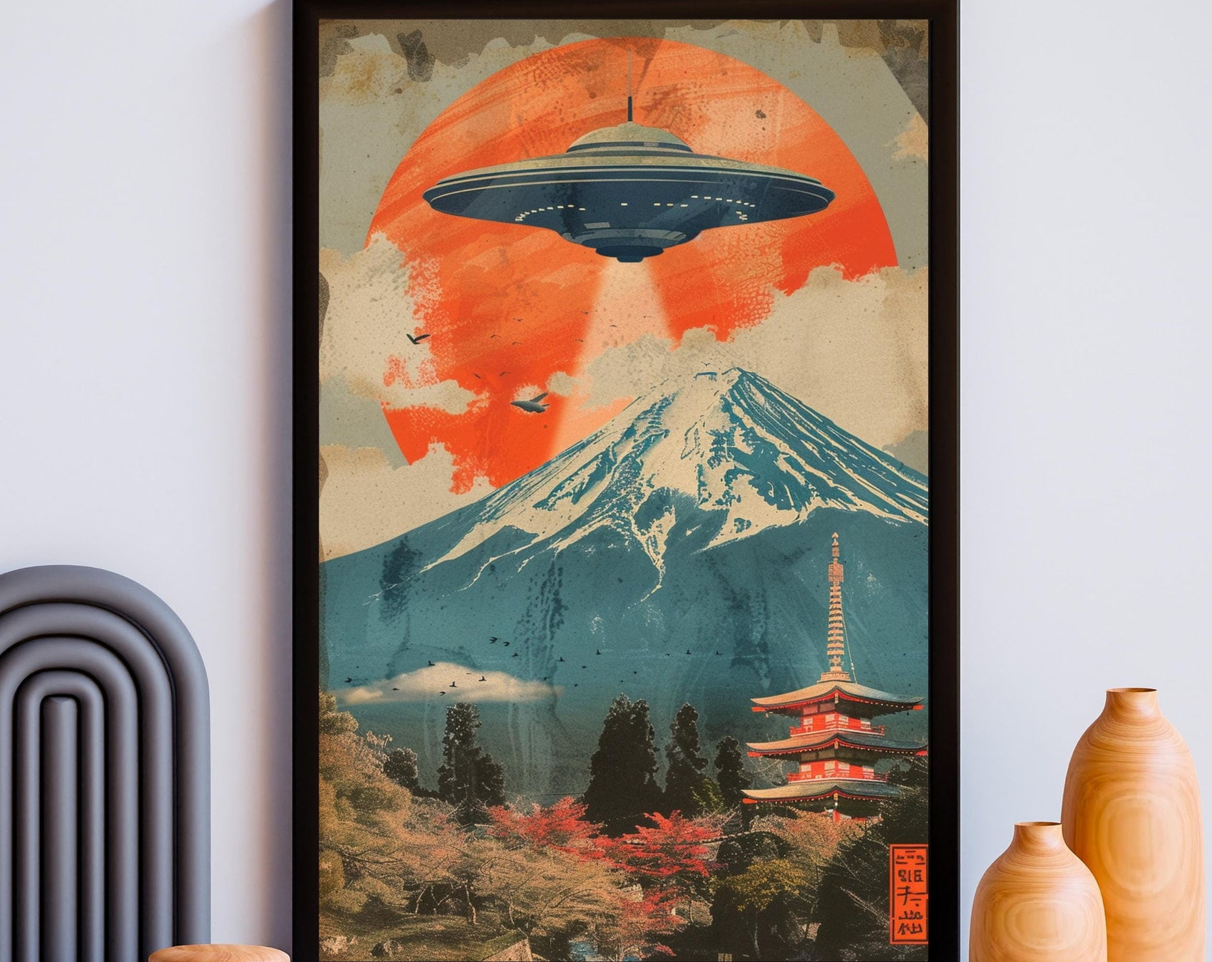Mount Fuji UFO Art Poster Japanese Woodblock Art Spaceship Alien ...