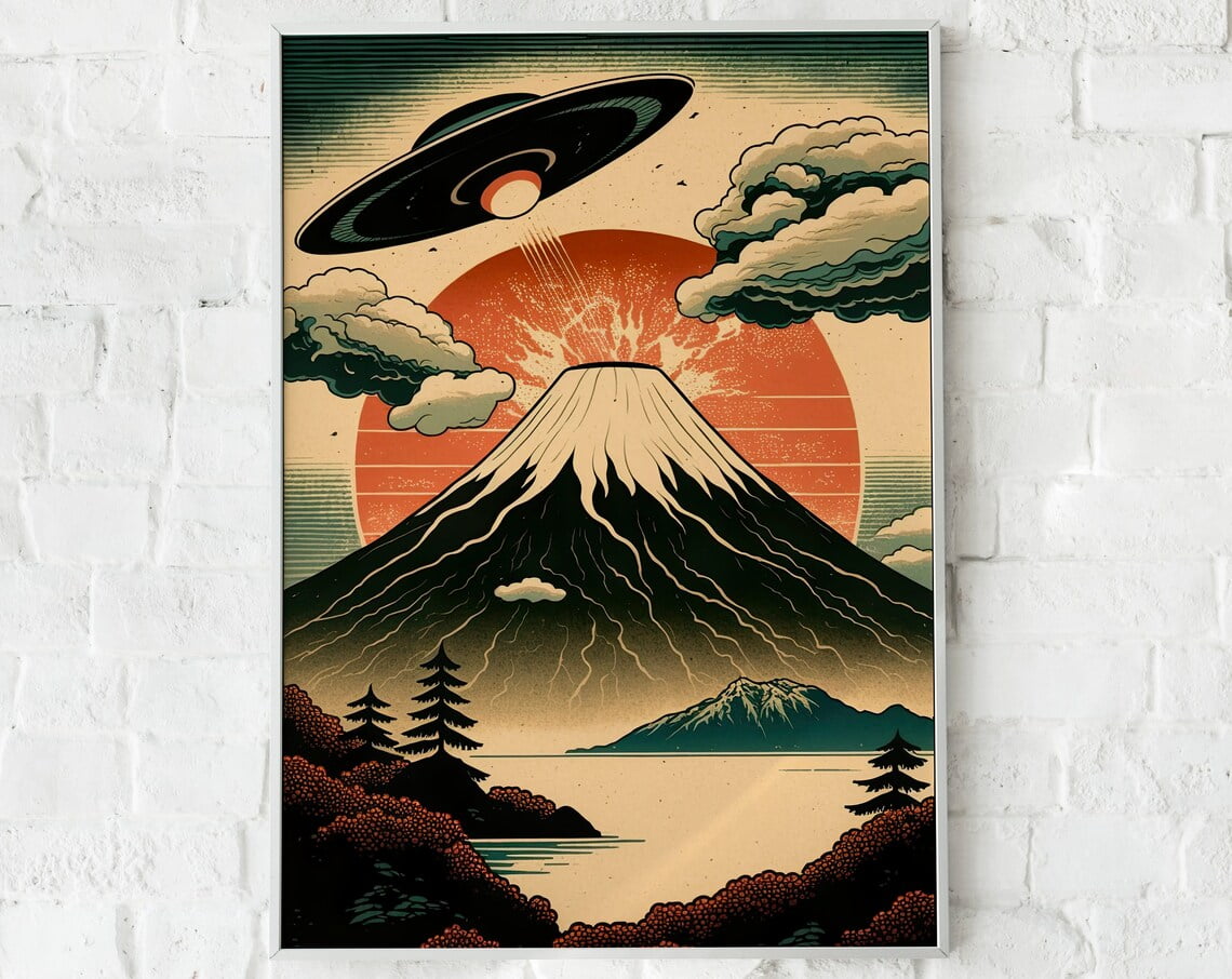 Mount Fuji Ufo Art Print Japanese Woodblock Reproduction Spaceship ...