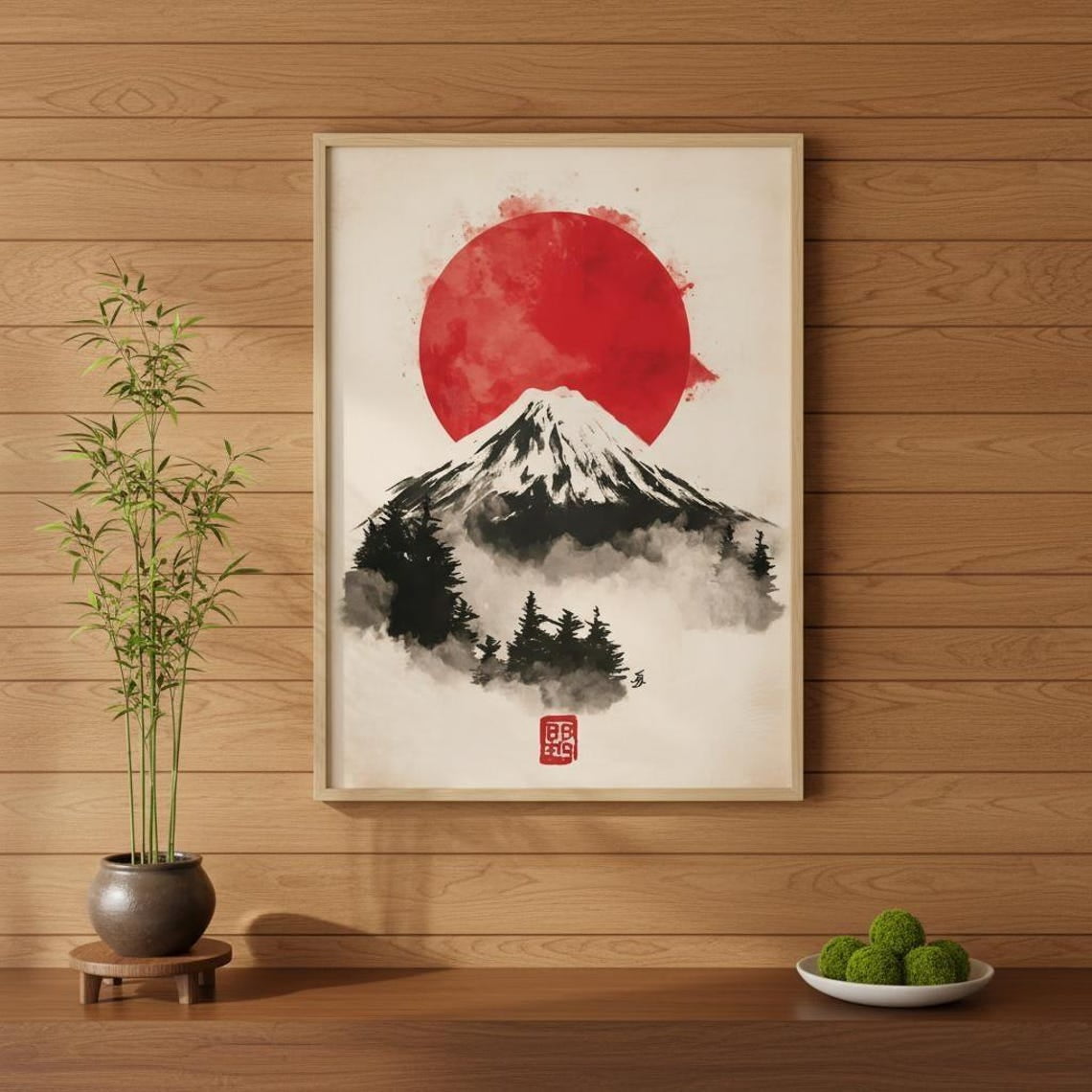 Mount Fuji Wall Art Print – Japanese Ink With Red Sun Wall Decor ...
