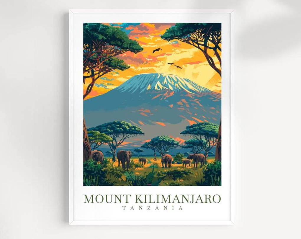 Mount Kilimanjaro Travel Print Tanzania Wall Art Africa Wall Hanging ...