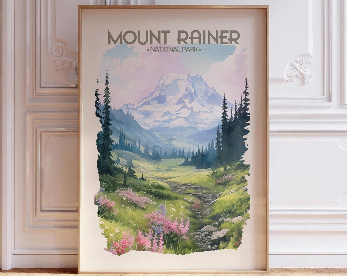 Mount Rainer National Park Watercolor Travel Poster - Us National Parks ...