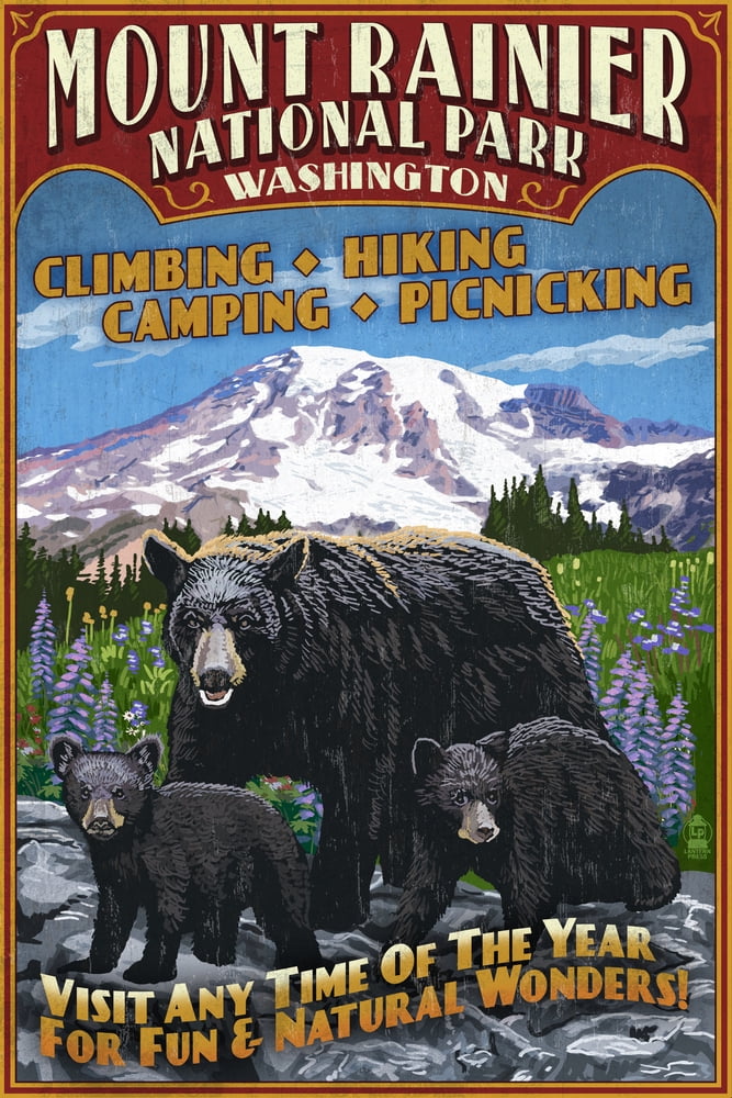 Mount Rainier National Park, Bear Family Vintage Sign (24x36 Giclee ...