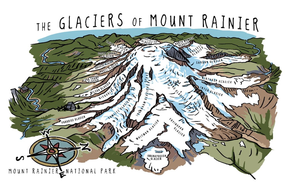 Mount Rainier National Park, Line Drawing, Mount Rainier Glaciers ...