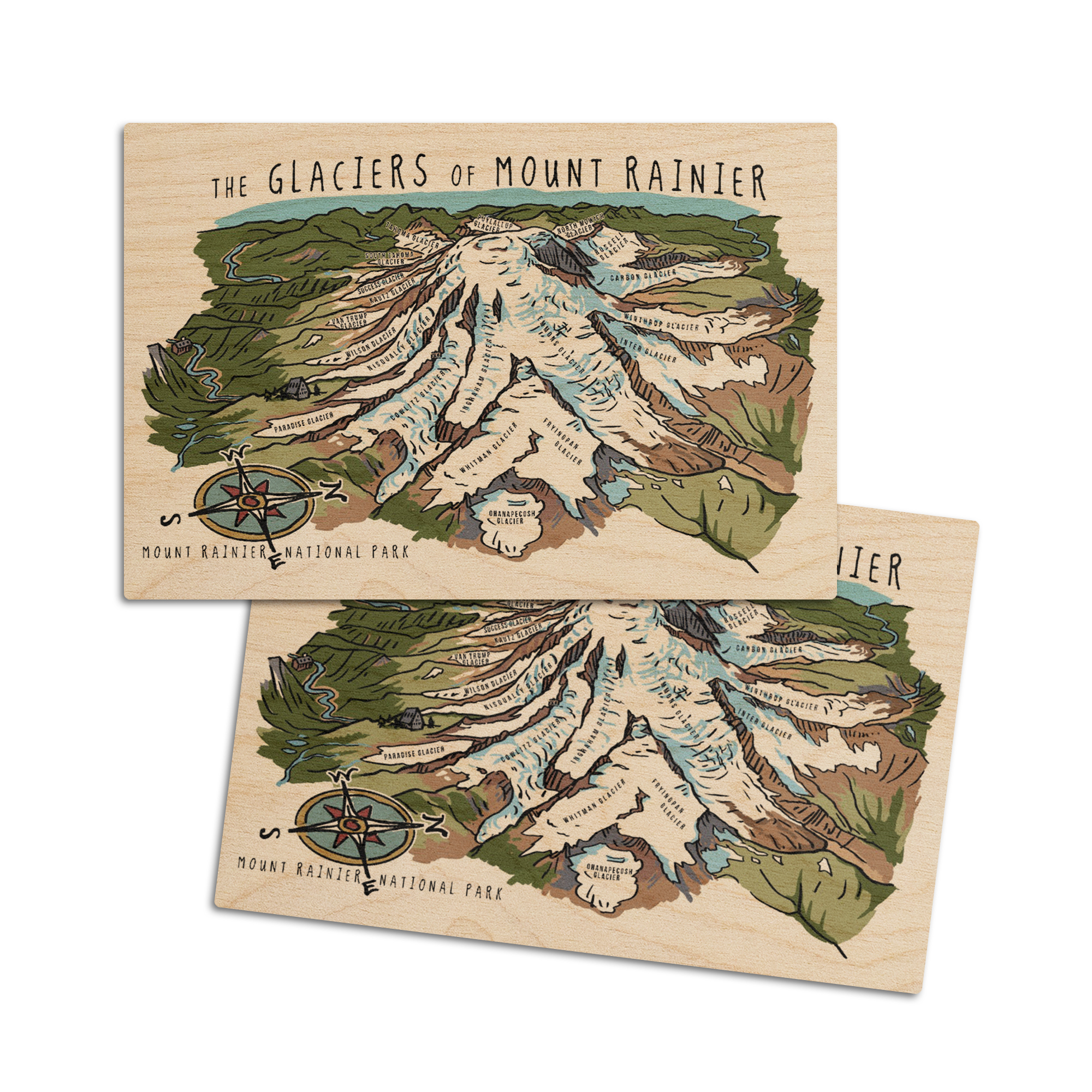 Mount Rainier National Park, Line Drawing, Mount Rainier Glaciers (4x6 ...